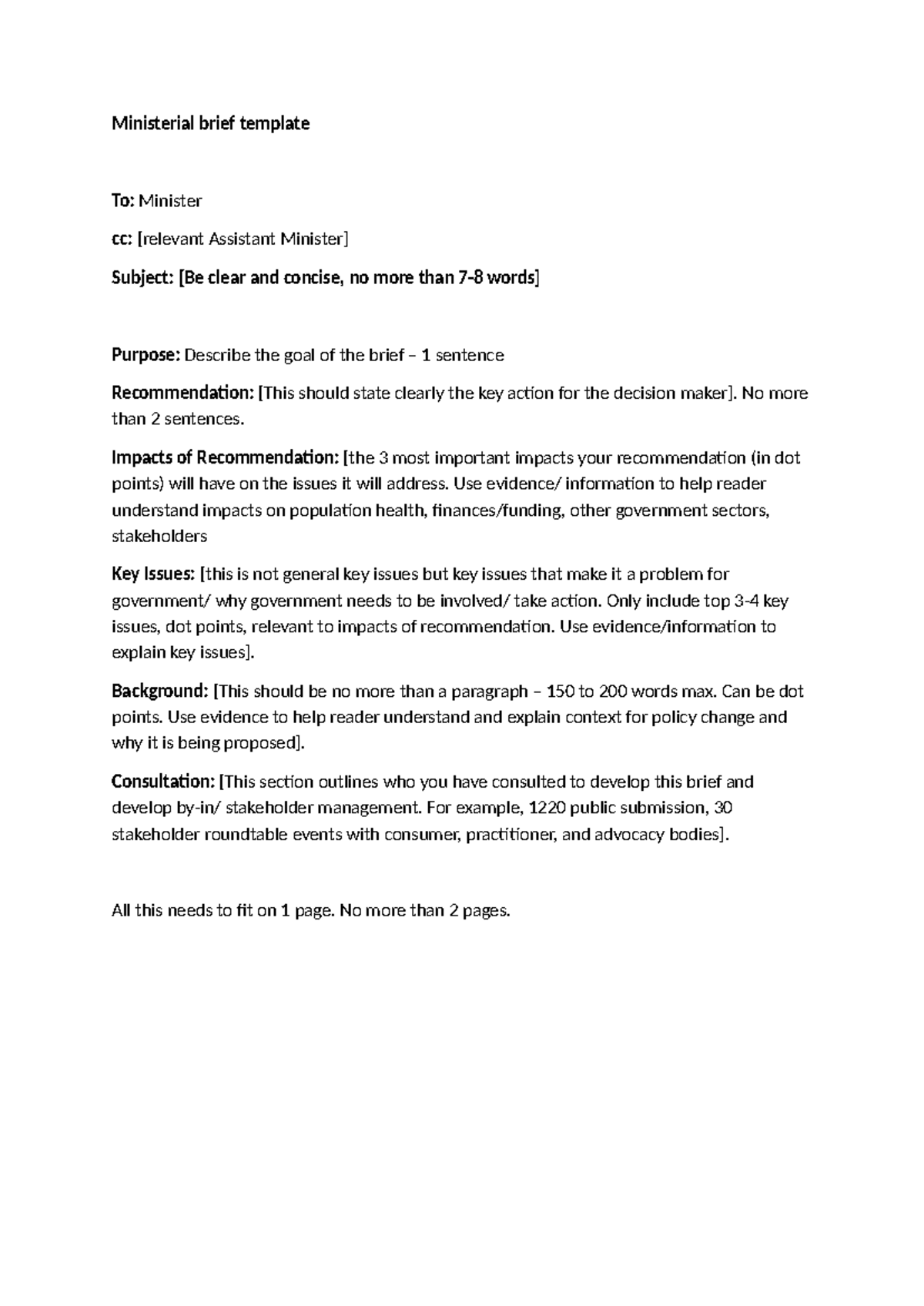 Ministerial Brief Template: Key Recommendations & Impacts - Studocu