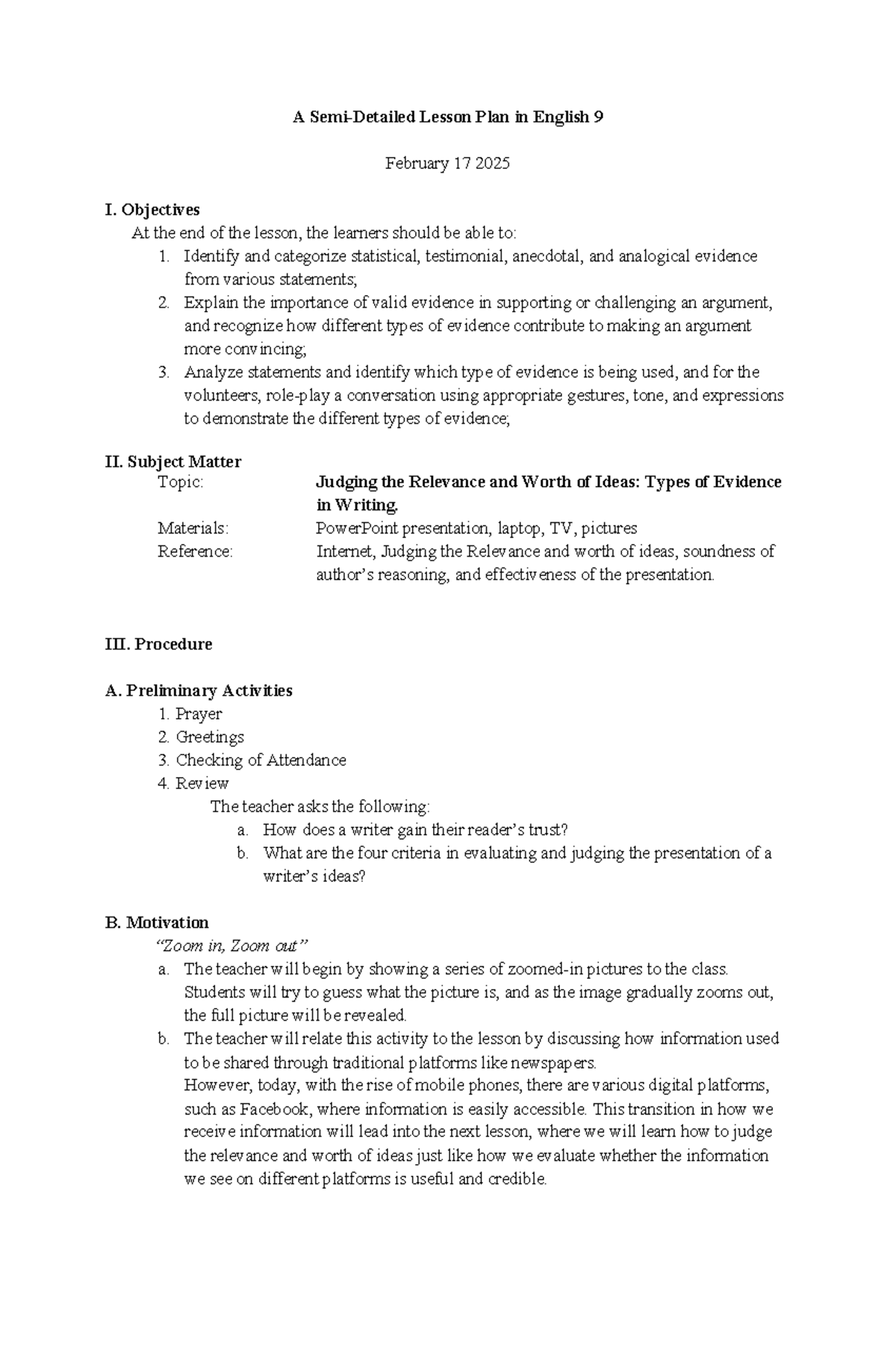 SEMI Detailed Lesson PLAN IN English 9 - A Semi-Detailed Lesson Plan in ...