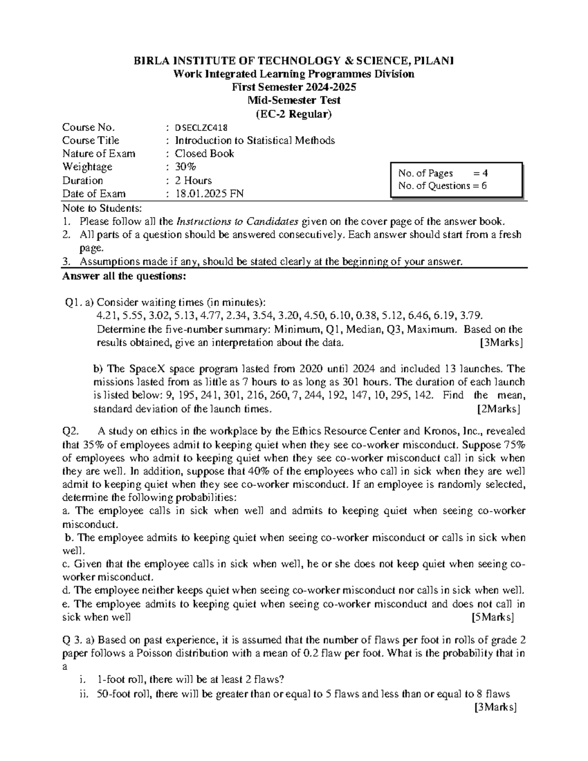 Sample Test Paper for DSECLZC418: Intro to Statistical Methods - Studocu