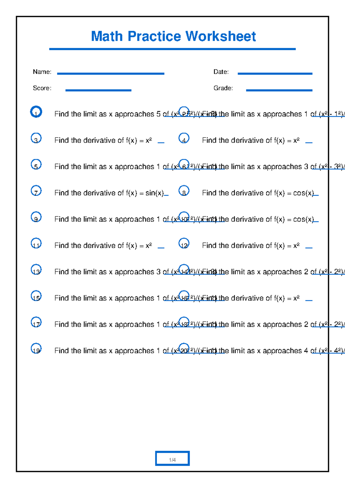 Math Practice Worksheet 2: Limits & Derivatives Exercises - Studocu