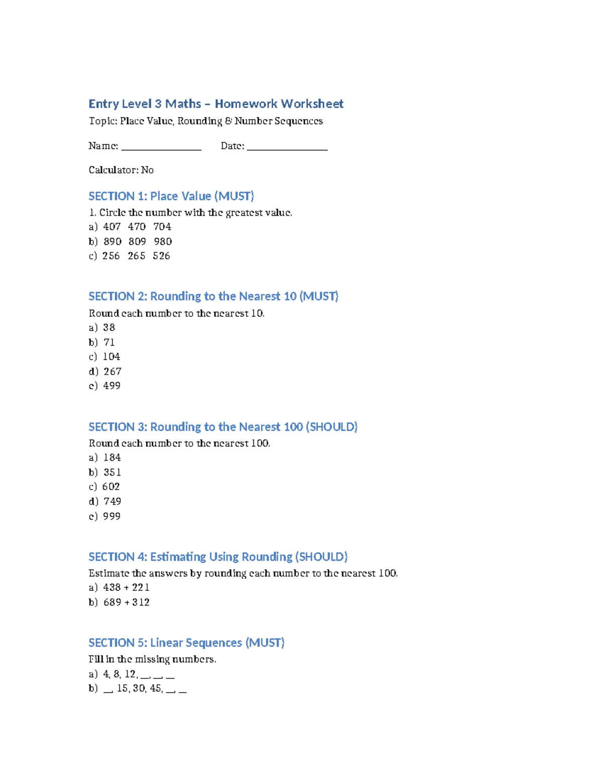 EL3 Maths Homework: Place Value, Rounding & Sequences Final - Studocu