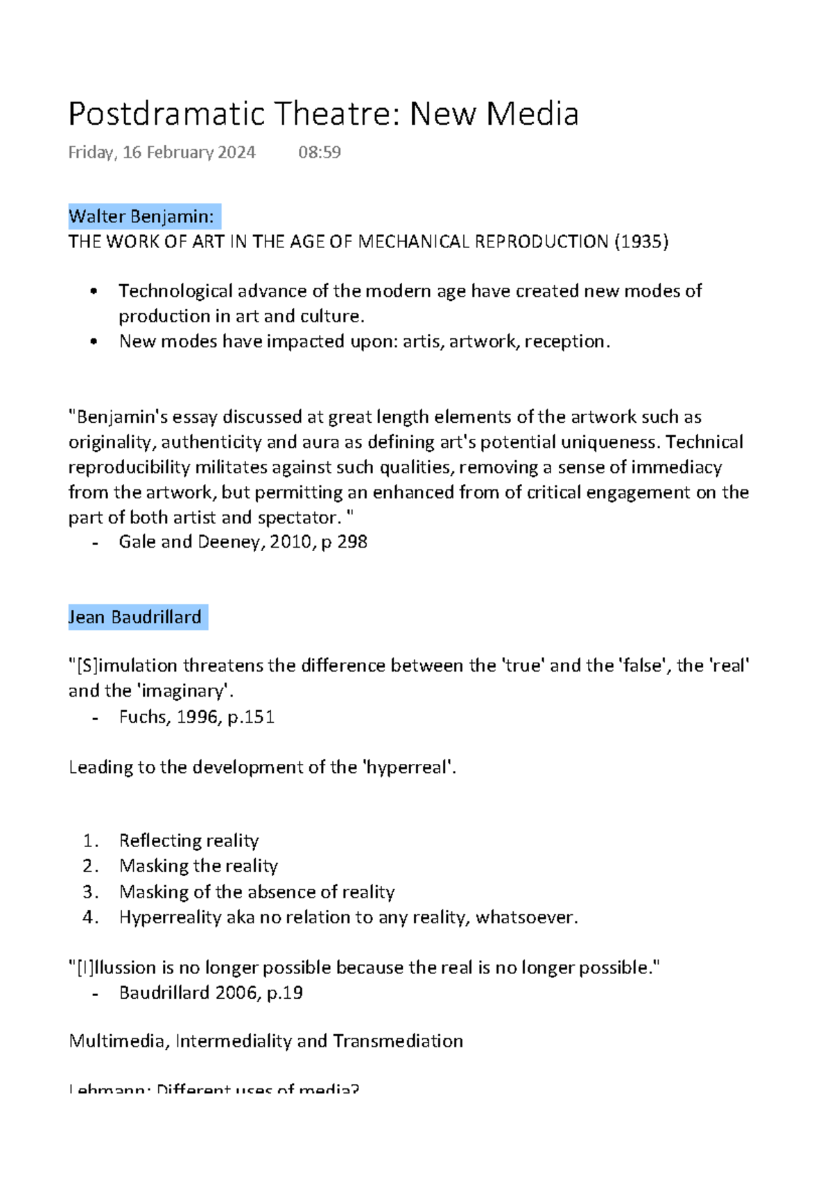 Postdramatic Theatre New Media - Walter Benjamin: THE WORK OF ART IN ...