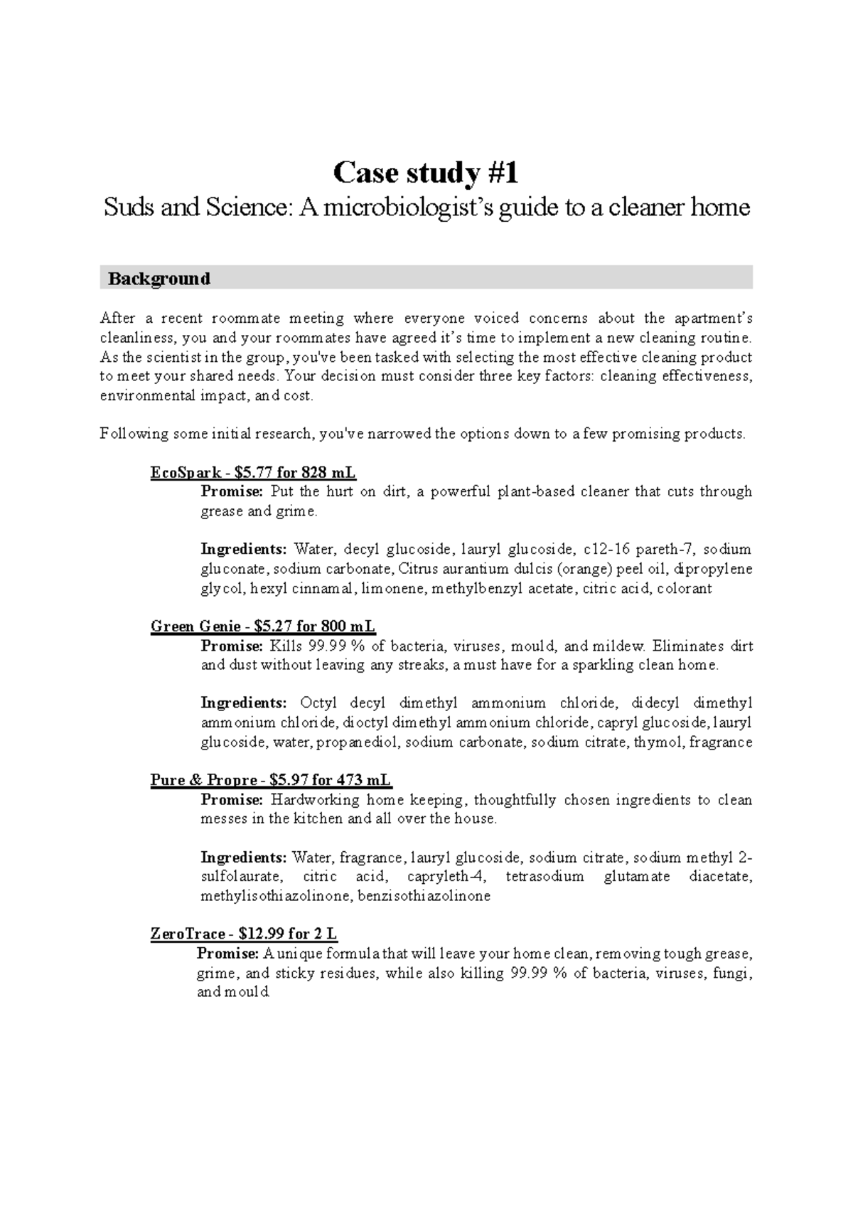 Case Study 1: Evaluating Eco-Friendly Cleaners for a Cleaner Home - Studocu