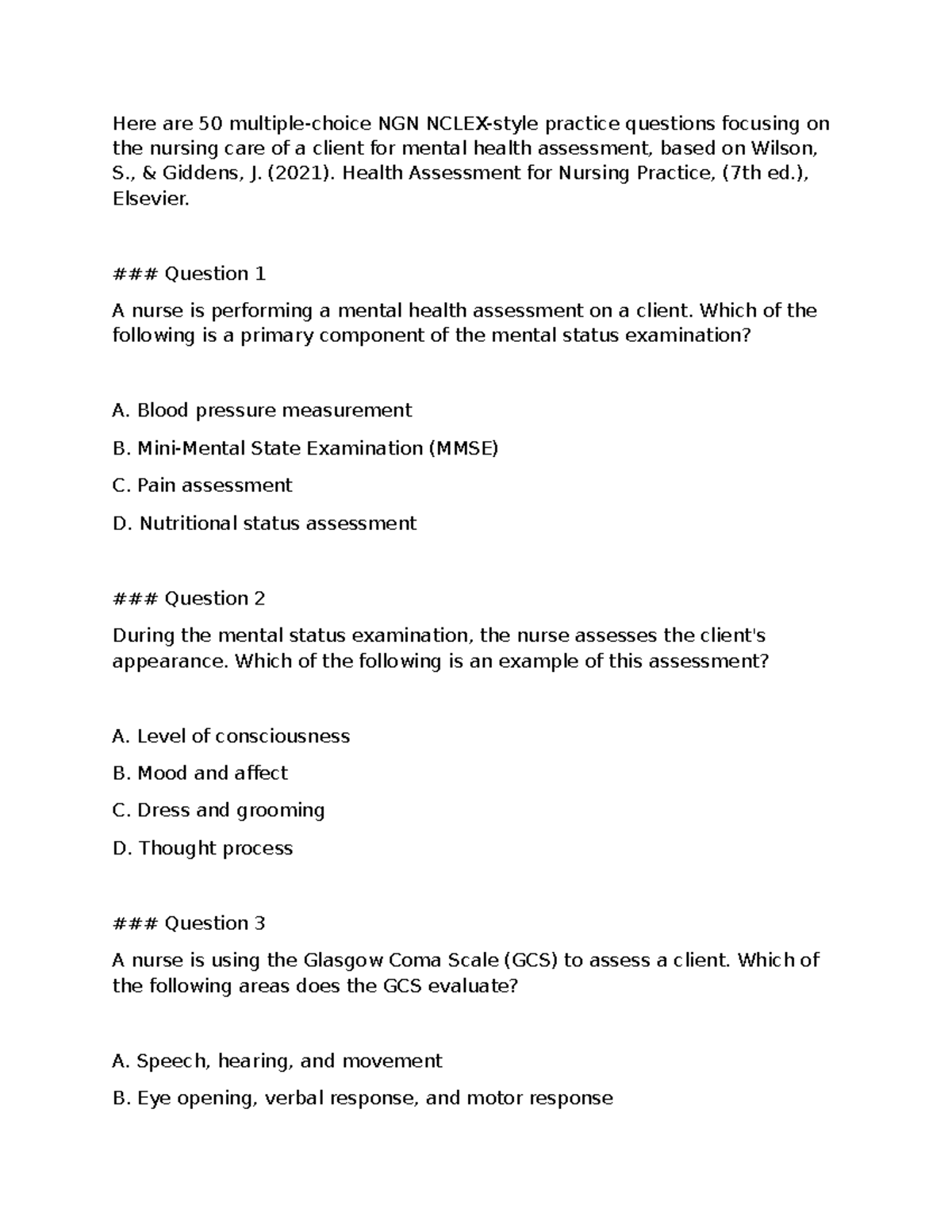 NGN NCLEX Practice Questions: Mental Health Assessment (Ch. 7) - Studocu