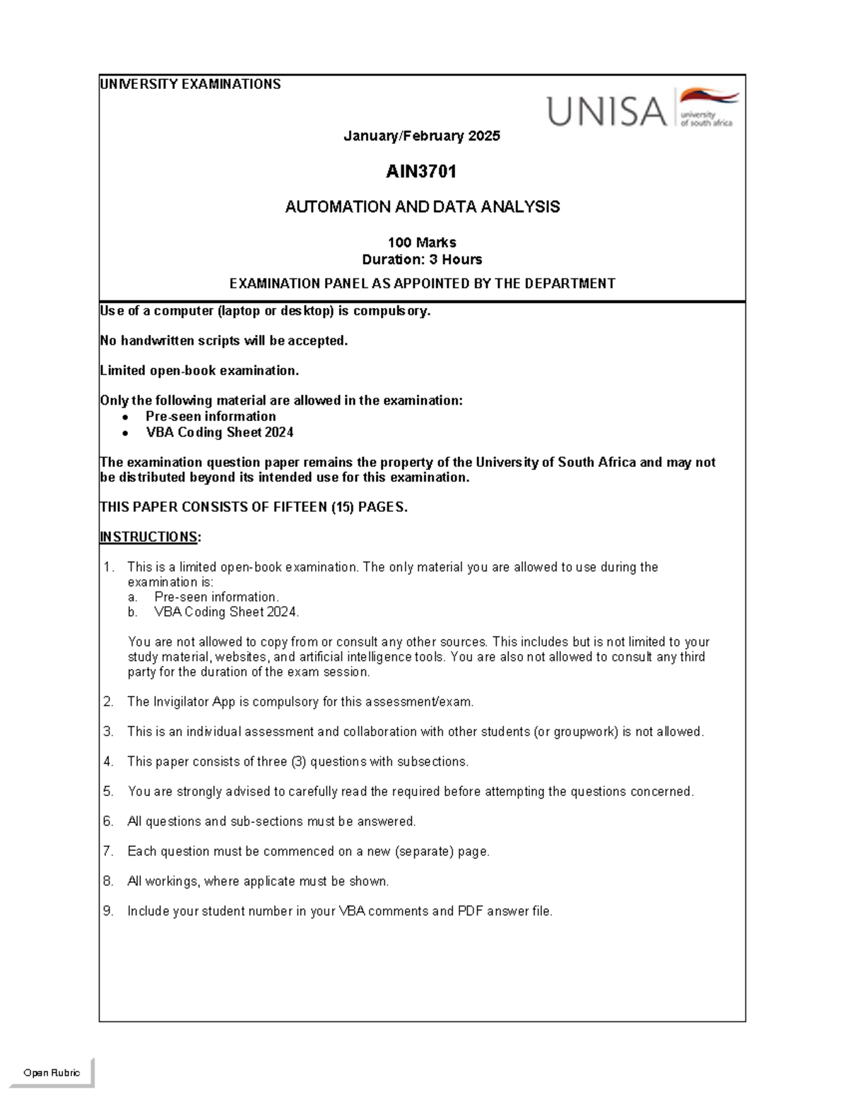 AIN3701 - Final Exam Instructions and Questions: Jan/Feb 2025 - Studocu