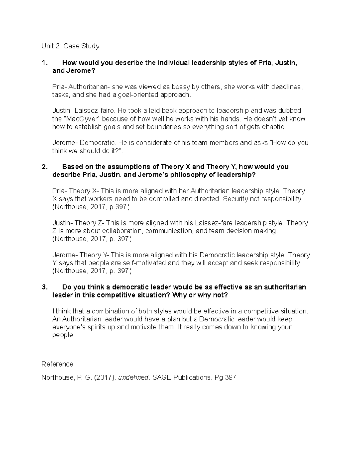 Unit 2 Case Study: Leadership Styles and Theories Analysis - Studocu
