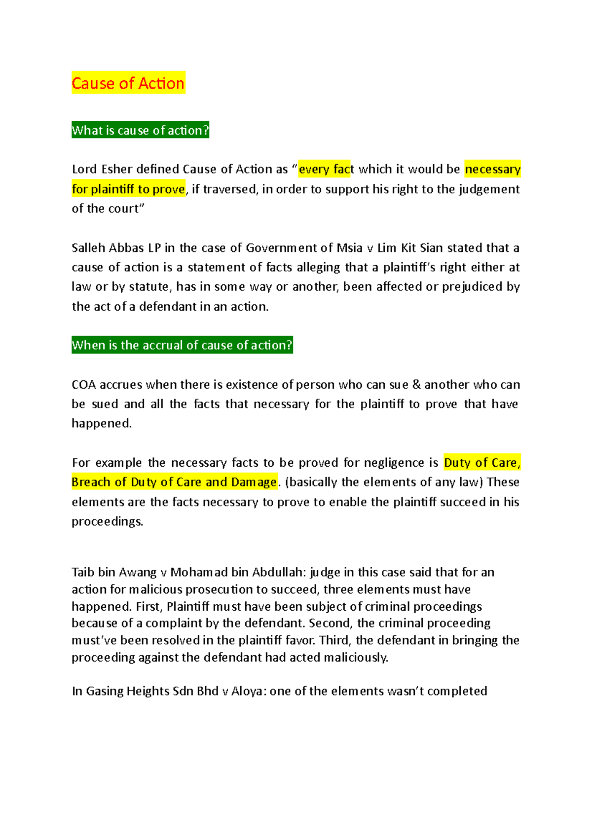 Cause of Action in Civil Proceedings: Insights from Malaysian Law - Studocu