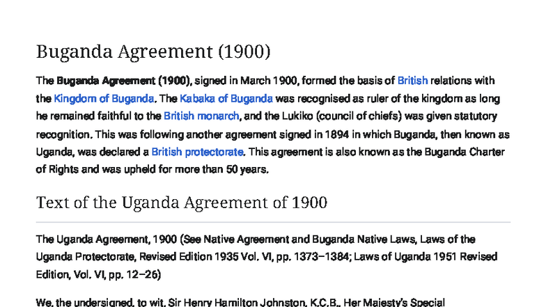 Buganda Agreement (1900): Overview and Implications - Studocu
