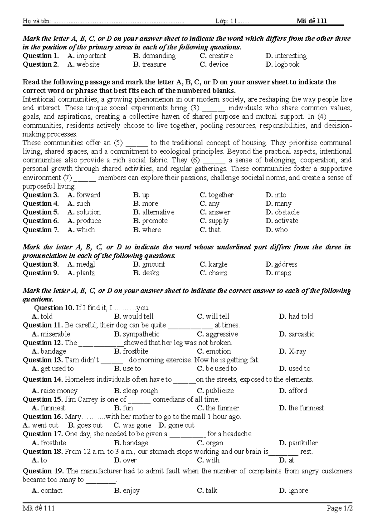 Mã đề 111 - Practice Questions for English Language Skills - Studocu
