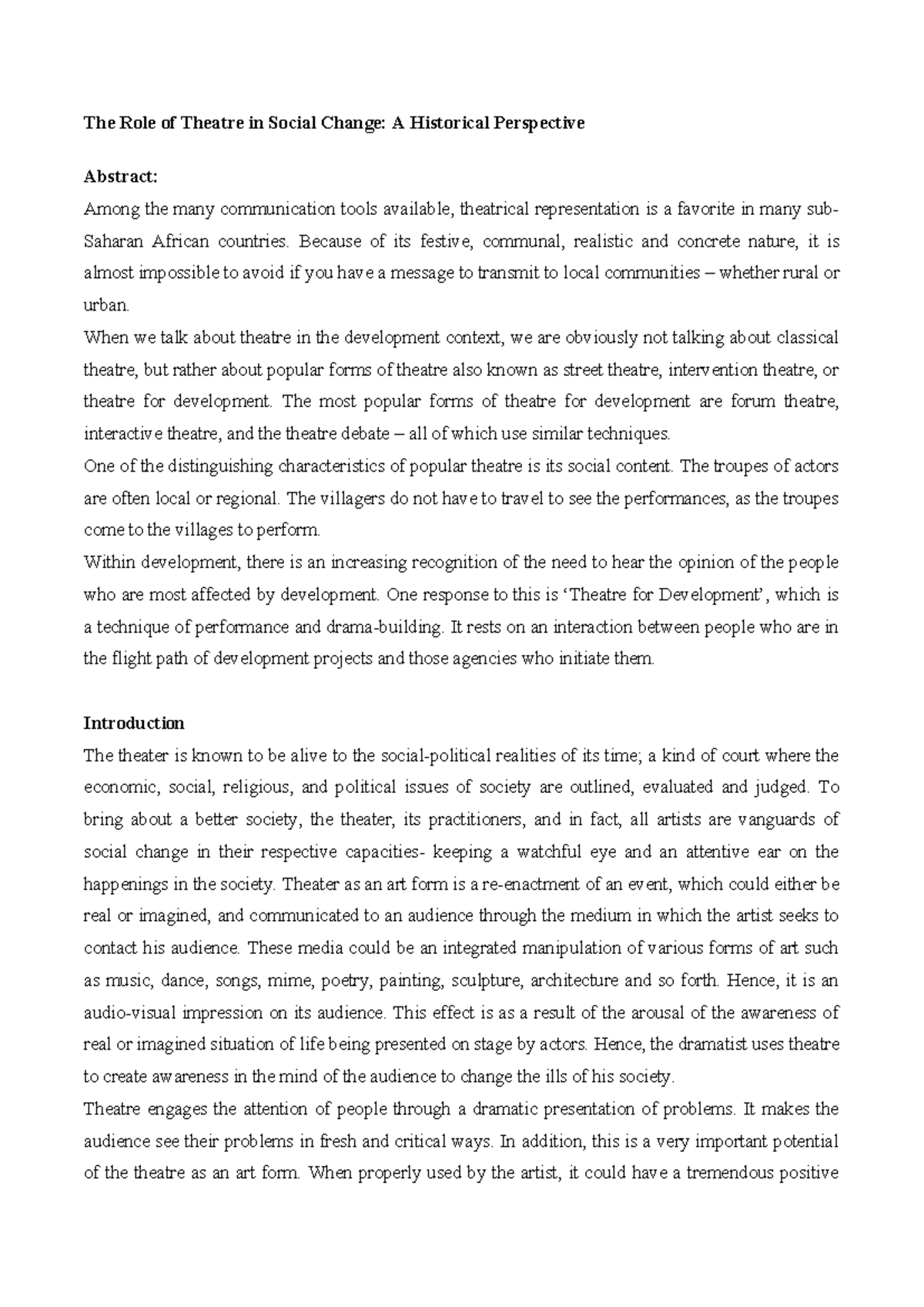 Theatre for Development: Analyzing Social Change in QUE 1 - Studocu