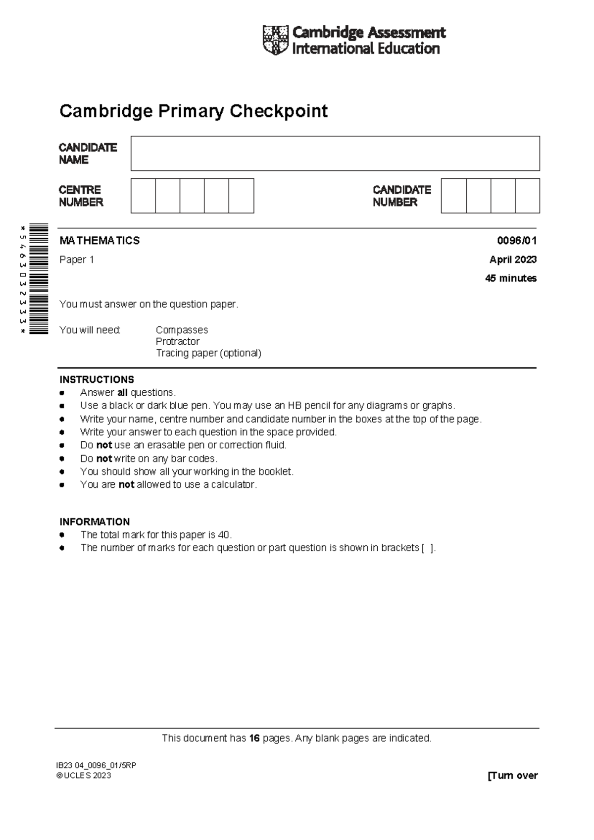 Cambridge Primary Checkpoint Math Paper 1 (0096) - April 2023 - Studocu