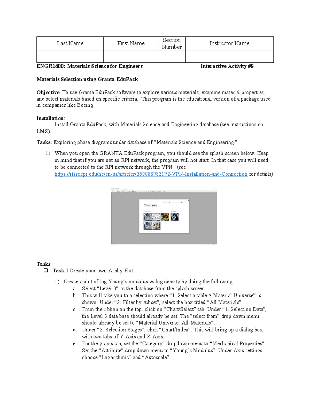 ENGR1600: Activity 8 - Materials Selection Using Granta EduPack - Studocu