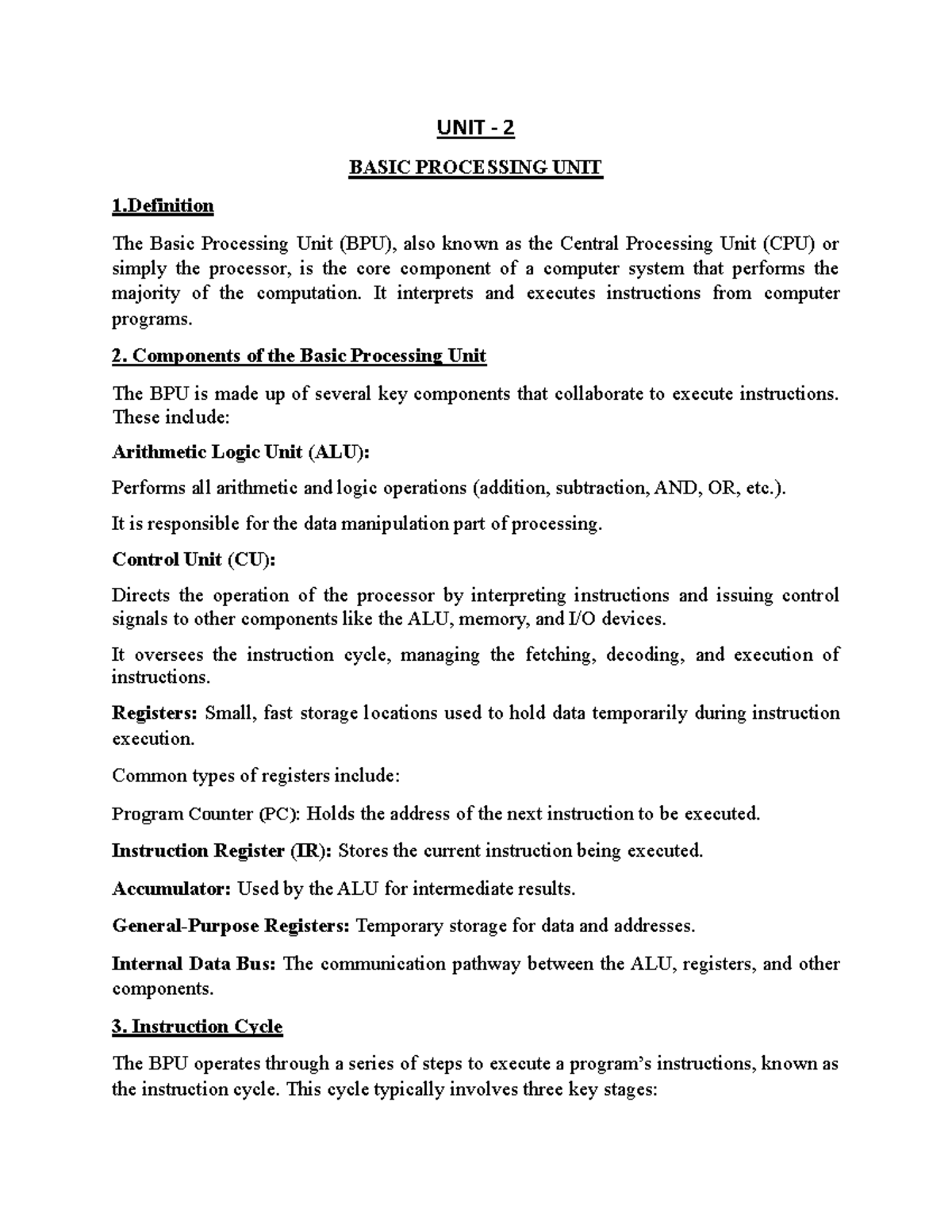 CO UNIT 2 - Basic processing unit notes and instruction cycle overview ...