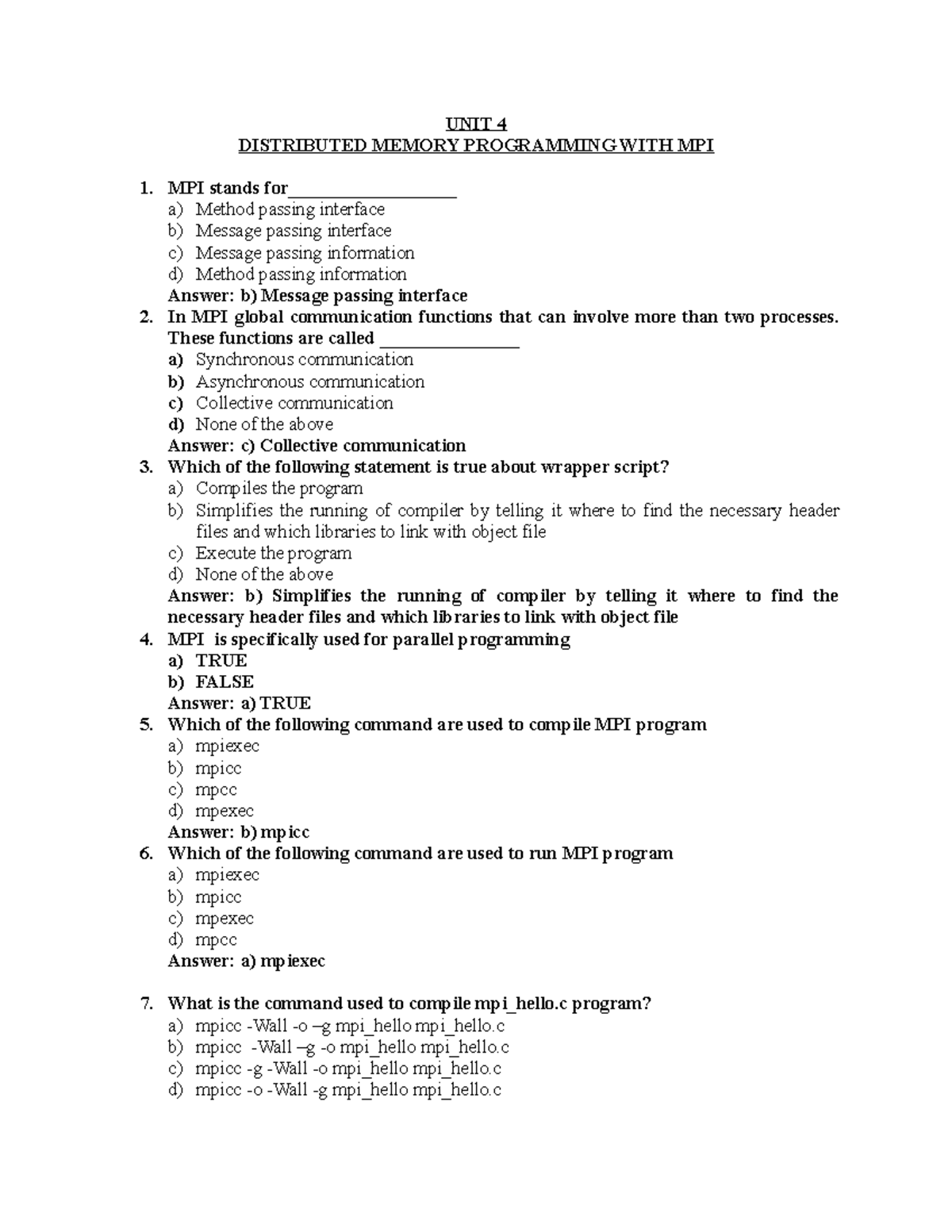 Unit 4 MCAP MCQ - UNIT 4 DISTRIBUTED MEMORY PROGRAMMING WITH MPI MPI ...
