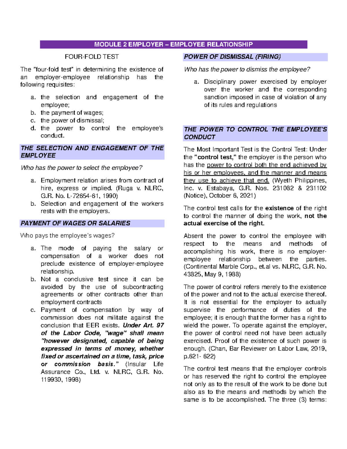 MODULE 2: EMPLOYER-EMPLOYEE RELATIONSHIP TEST NOTES - Studocu