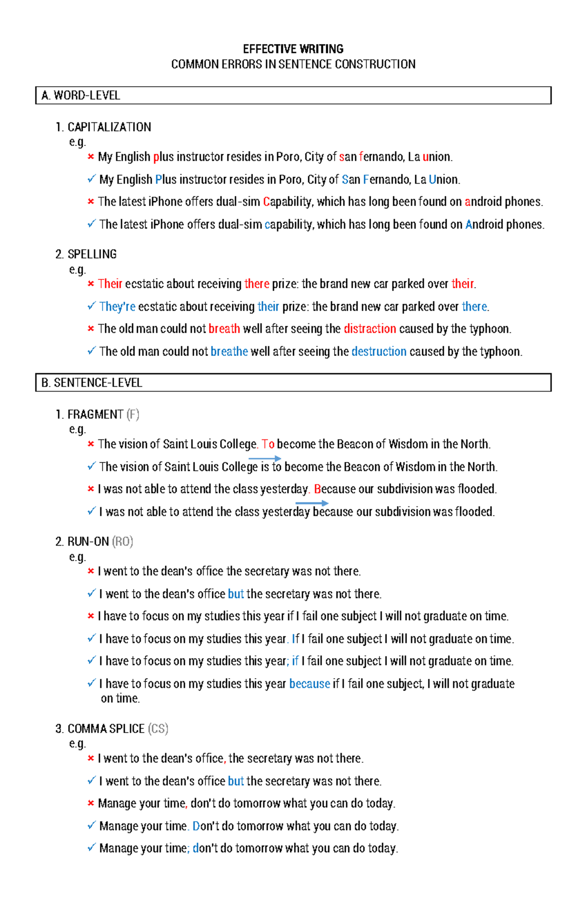 Common Sentence Errors - EFFECTIVE WRITING COMMON ERRORS IN SENTENCE ...