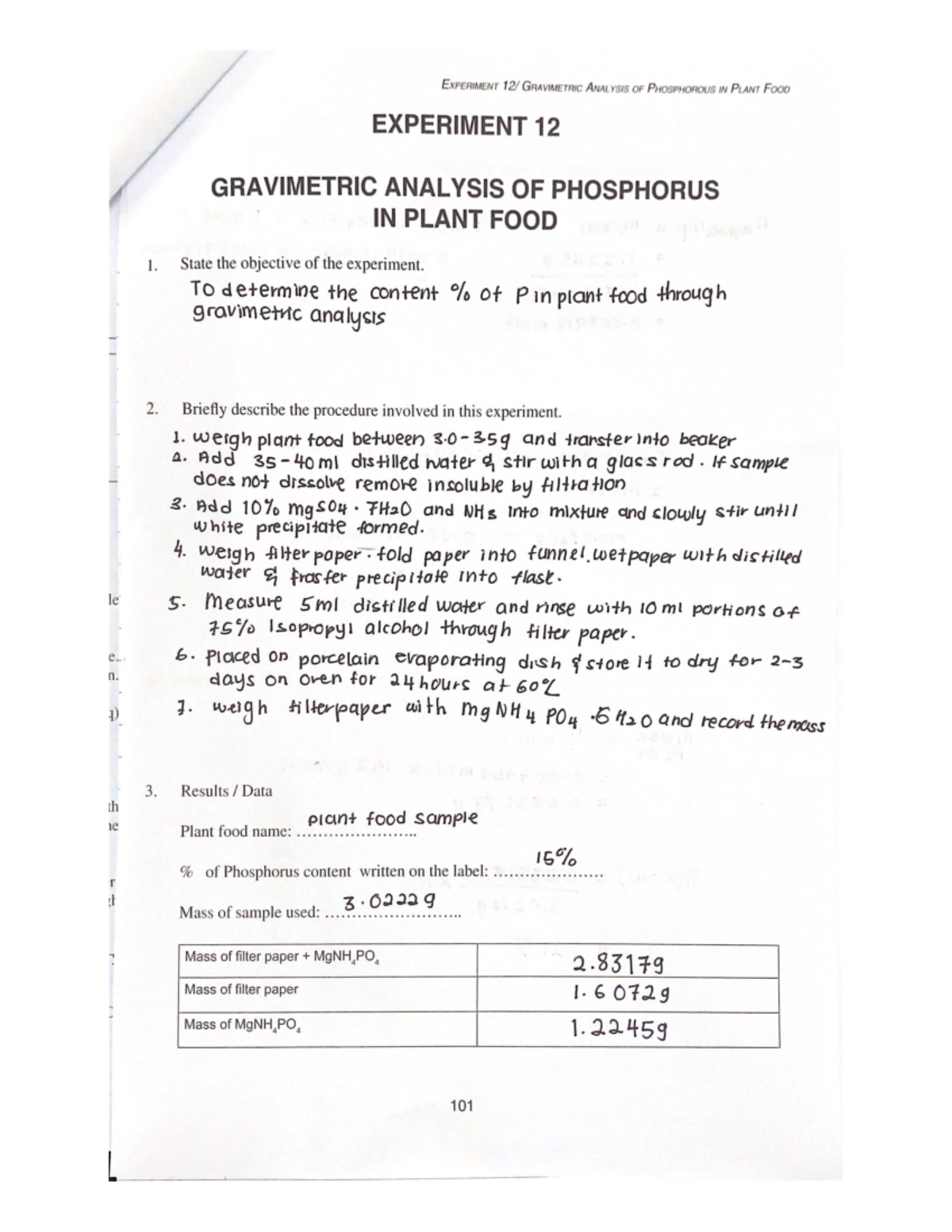 CHM256 Experiment 12: Gravimetric Analysis of Phosphorus in Plant Food ...