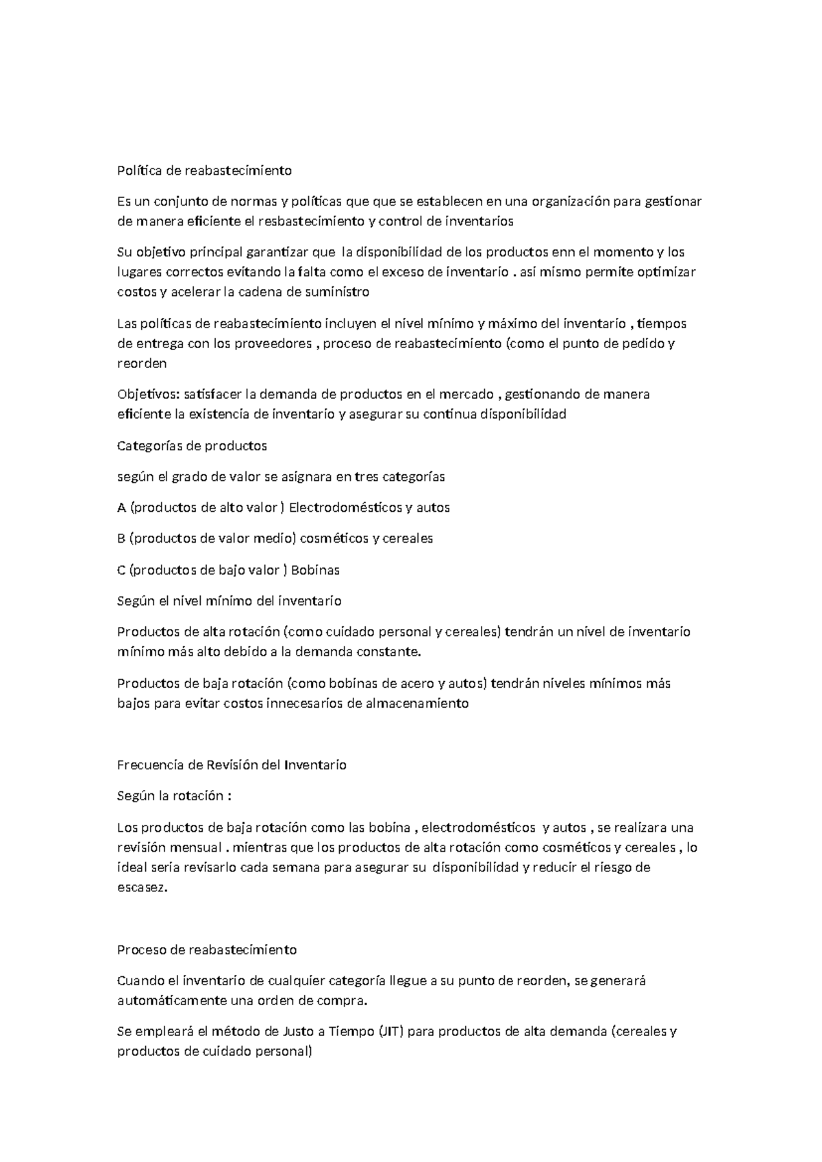 Política de Reabastecimiento: Normas y Efectividad en Inventarios - Studocu