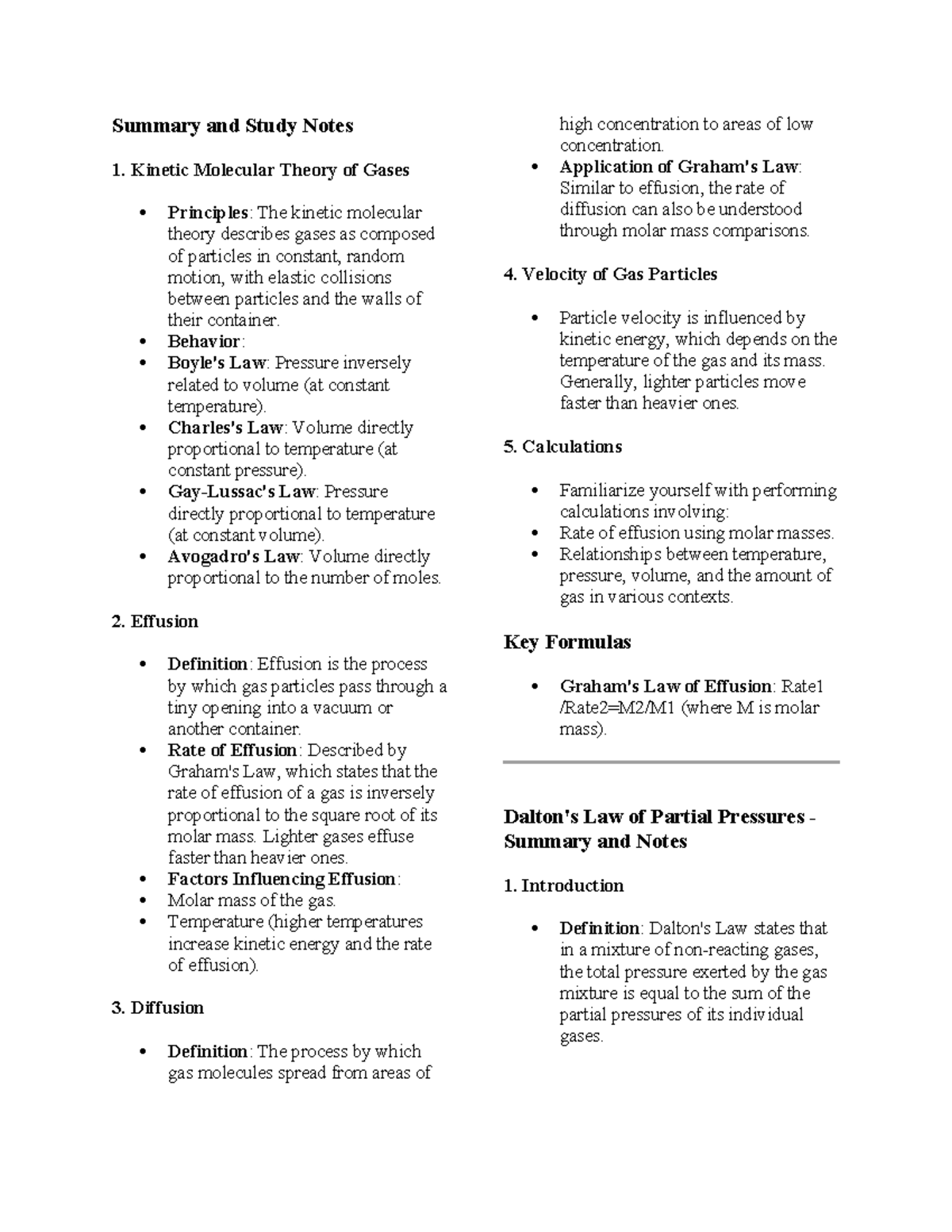 Kinetic Molecular Theory & Gas Laws Summary: Study Notes for CHEM 101 ...