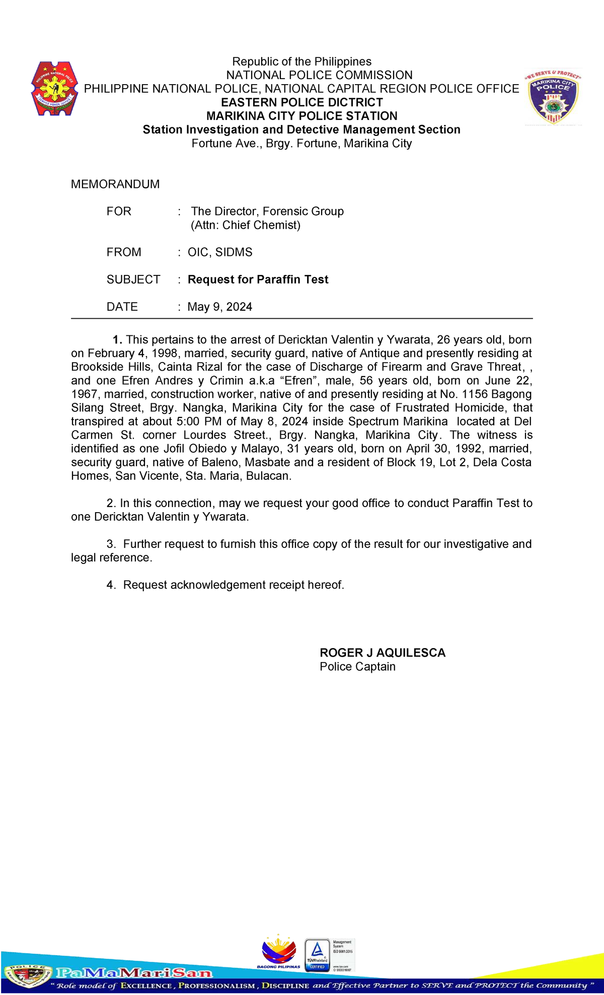 Request for Paraffin Test - Marikina City Police Station - Studocu