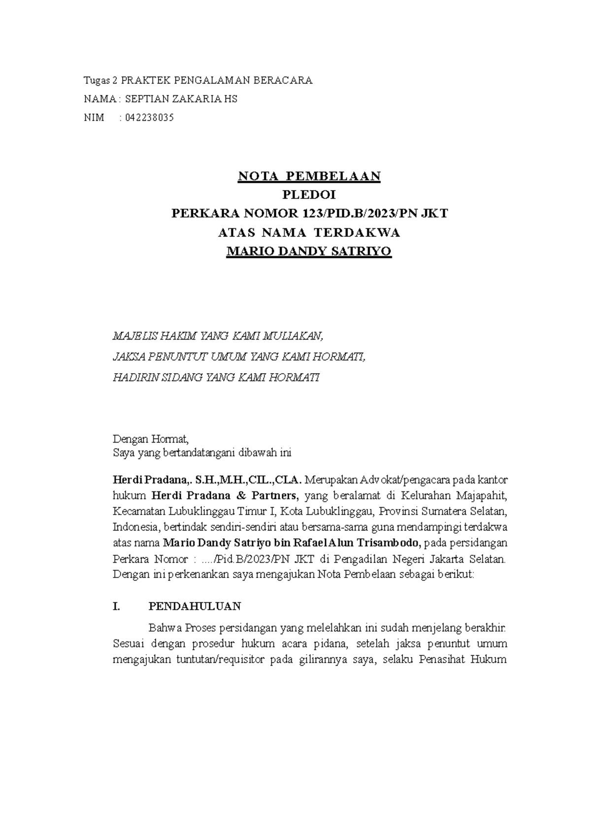 Tugas 2 Nota Pembelaan (Pledoi) Perkara Mario Dandy Satriyo - Studocu
