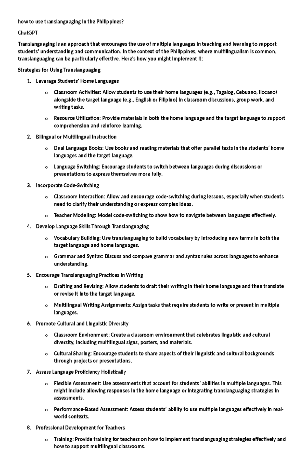 Implementing Translanguaging Strategies in Philippine Education - Studocu