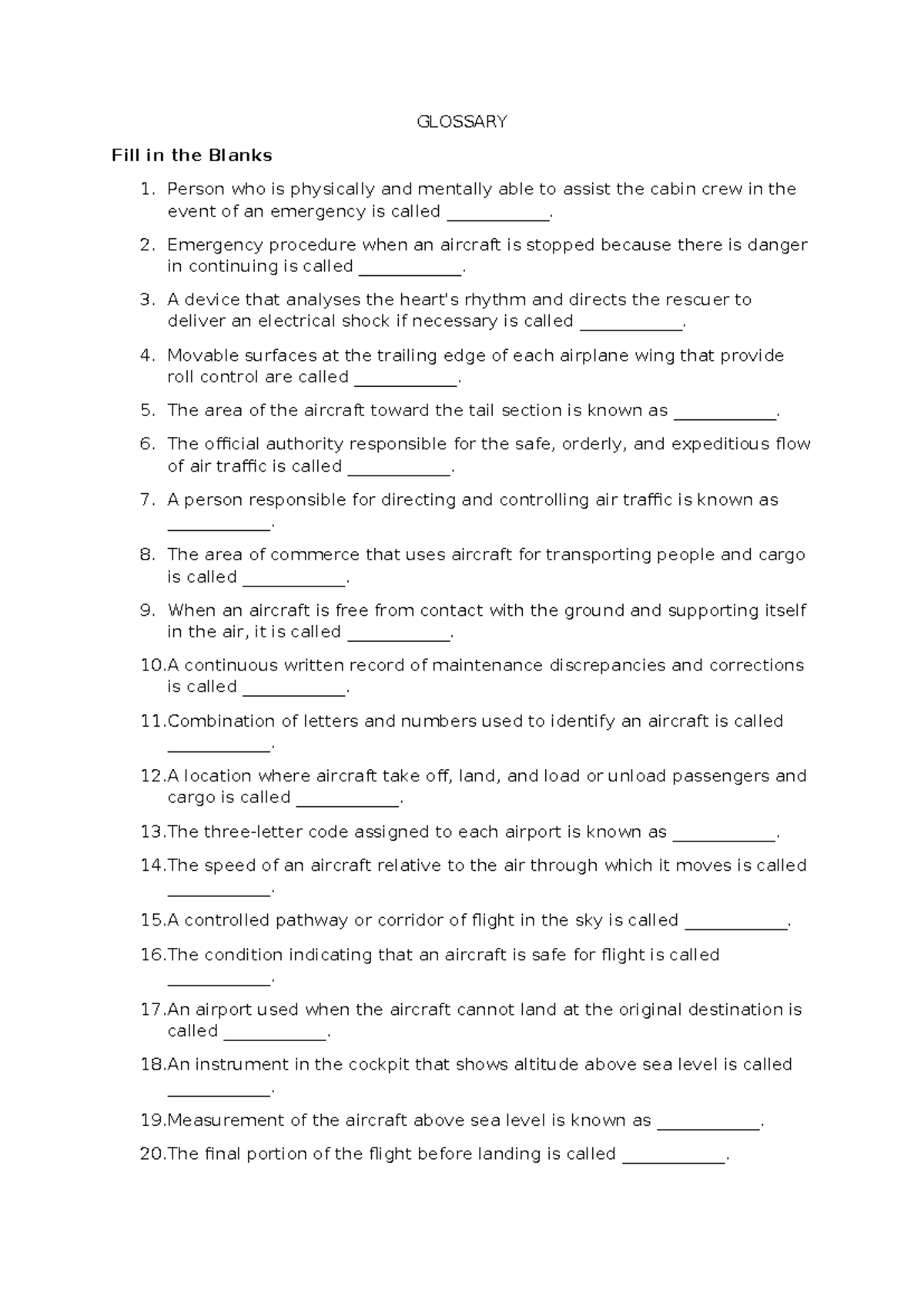 Glossary of Aviation Terms: Fill in the Blanks for ACC - Studocu