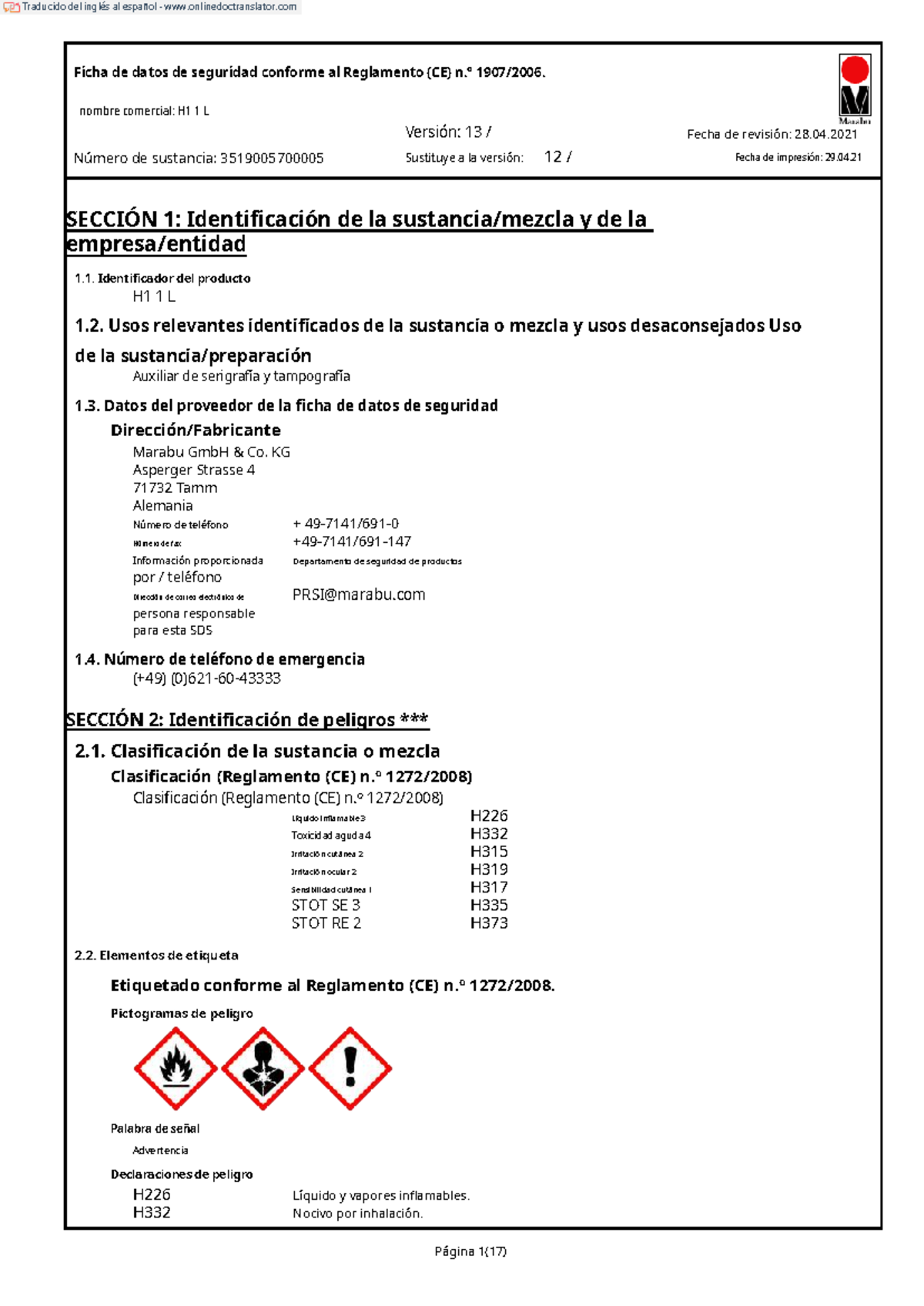 HDS H1 1 L Marabu: Ficha de Datos de Seguridad (Versión 13) - Studocu