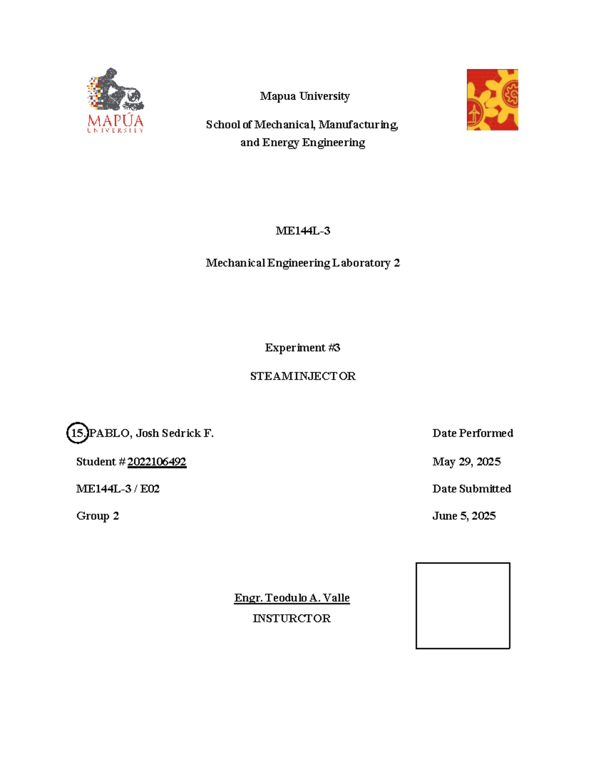 Steam Injector Experiment Report - ME144L - Studocu