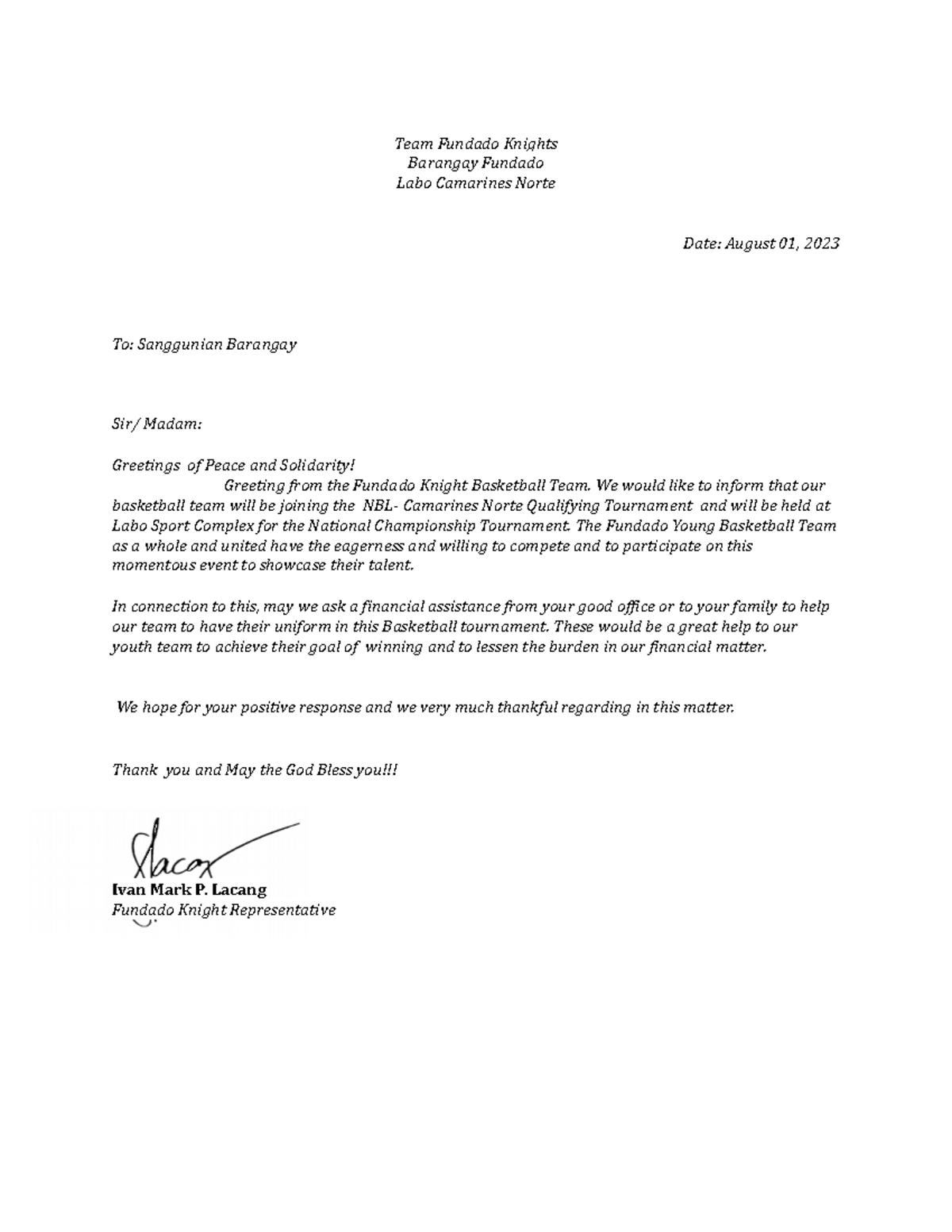 Fundado Knights Team Solicitation for NBL Tournament Support - Studocu