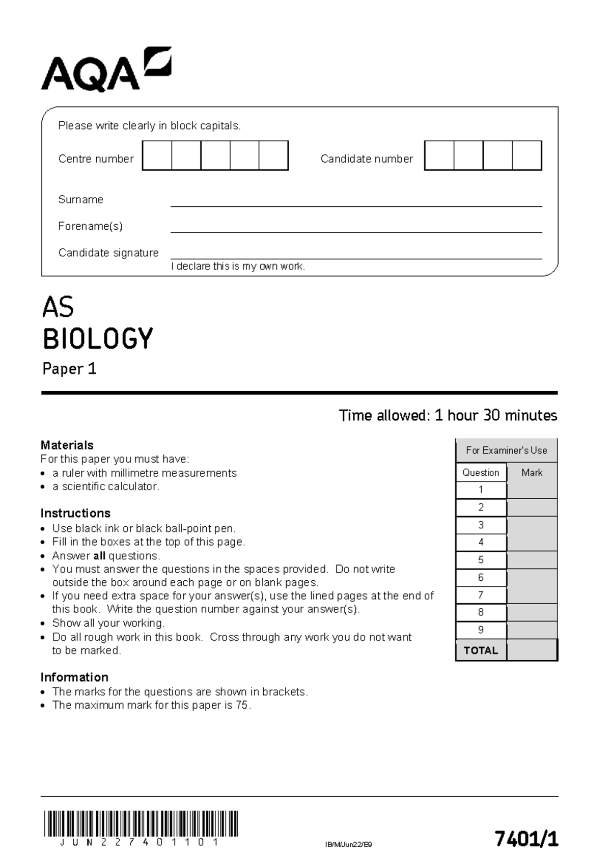June 2022 AQA AS Biology Paper 1 Exam Questions and Guidelines - Studocu