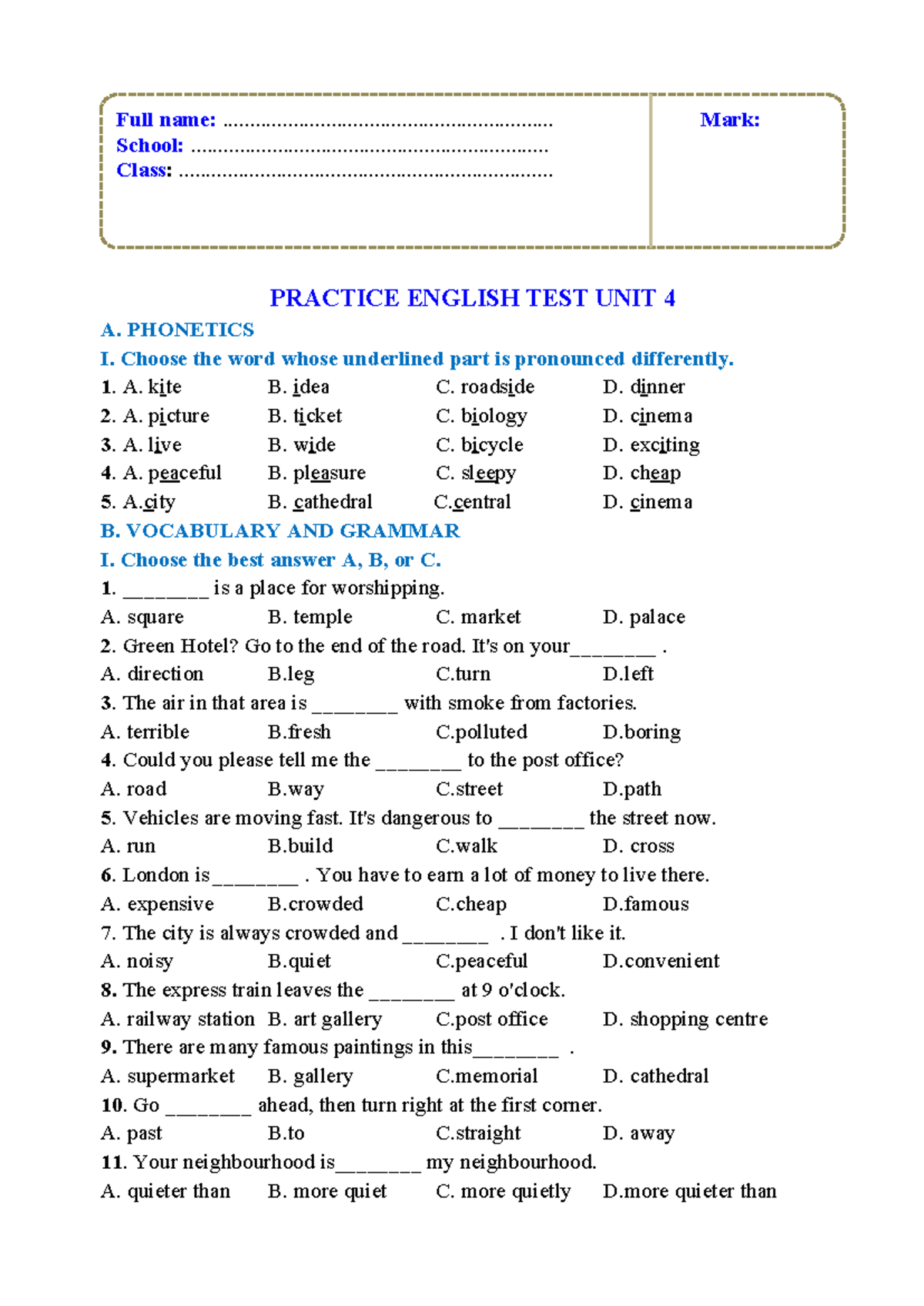 TA 6 Global Practice TEST- UNIT 4 - PRACTICE ENGLISH TEST UNIT 4 A ...