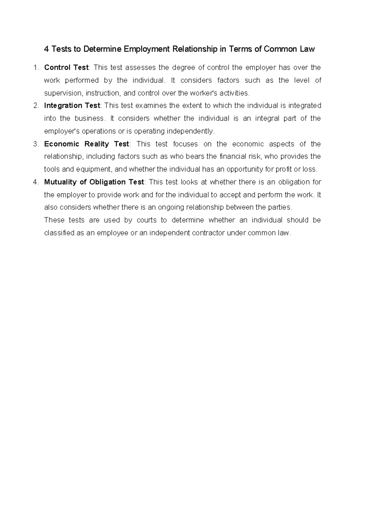 Employment Relationship: 4 Common Law Tests Explained - Studocu