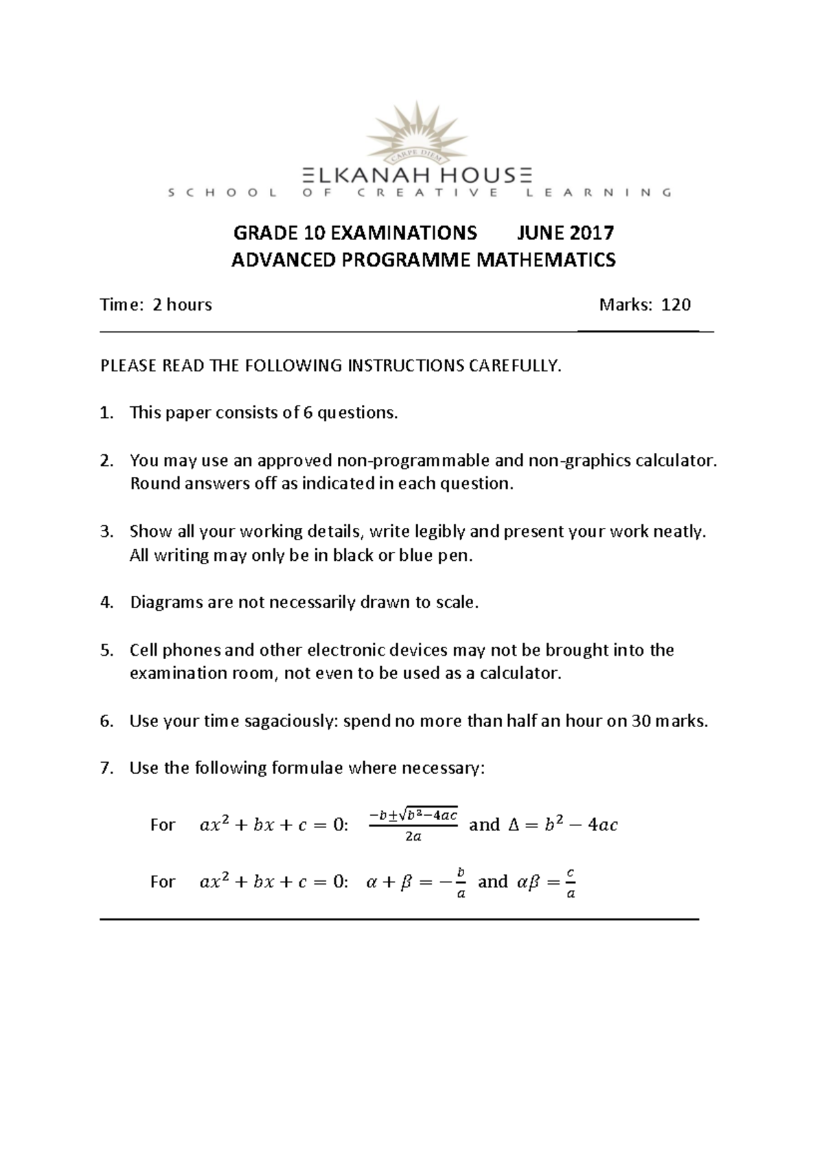 EH 10 APM June 2017 and memo - GRADE 10 EXAMINATIONS JUNE 2017 ADVANCED ...