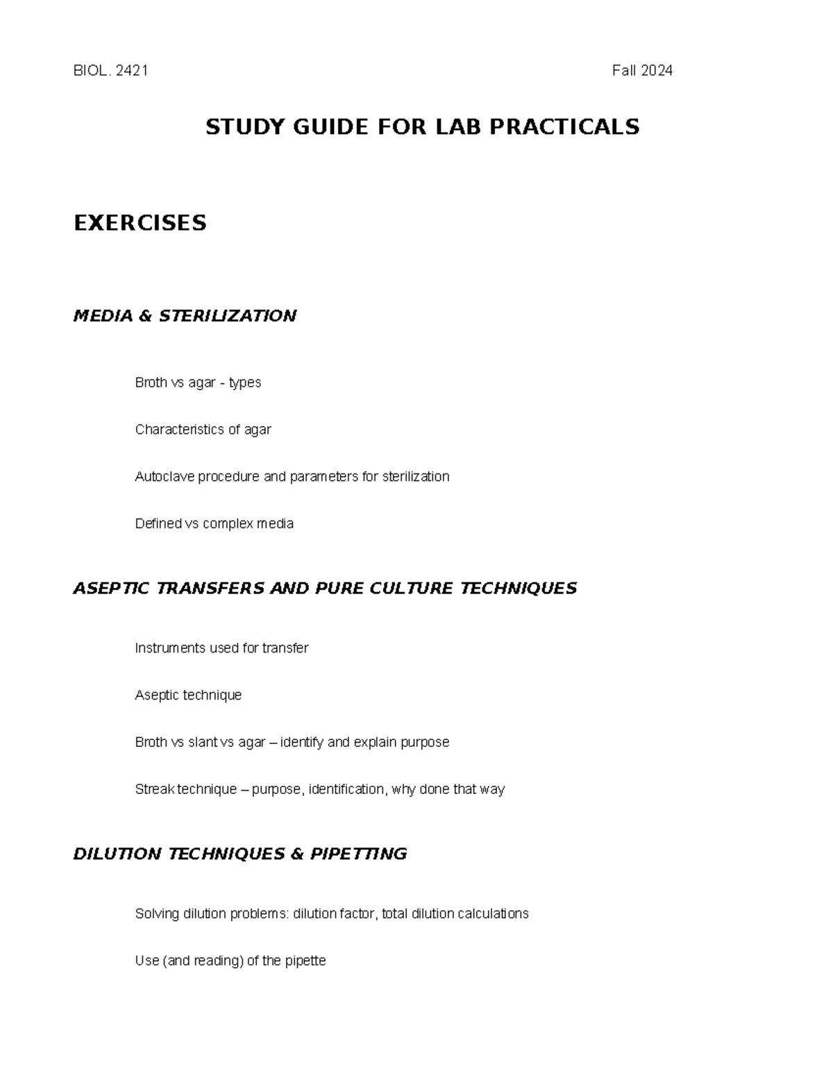 BIOL. 2421 Fall 2024 Lab Practical Study Guide: Key Techniques ...