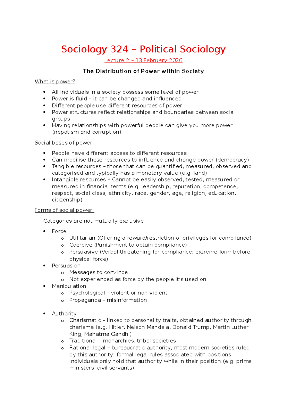 Sociology 324 Political Sociology Lecture Notes: Power Dynamics and ...