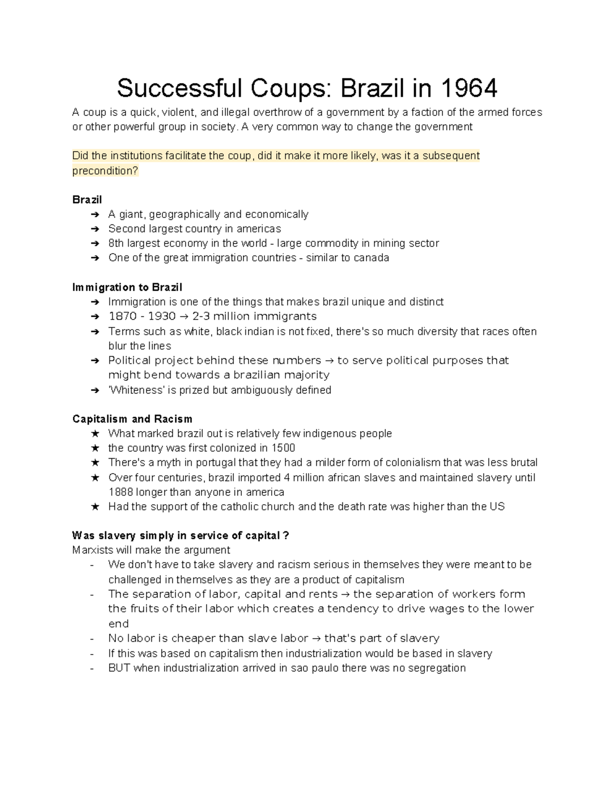 POL219 Lecture 5 - Notes on Brazil's 1964 Coup and Its Context - Studocu