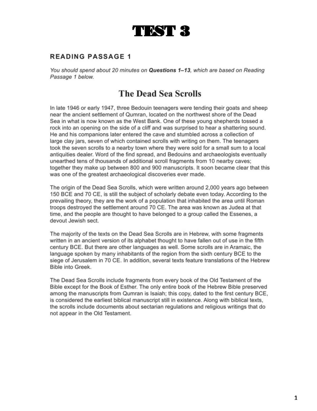 TEST 3 READING PASSAGE 1: The Dead Sea Scrolls and Their Significance ...