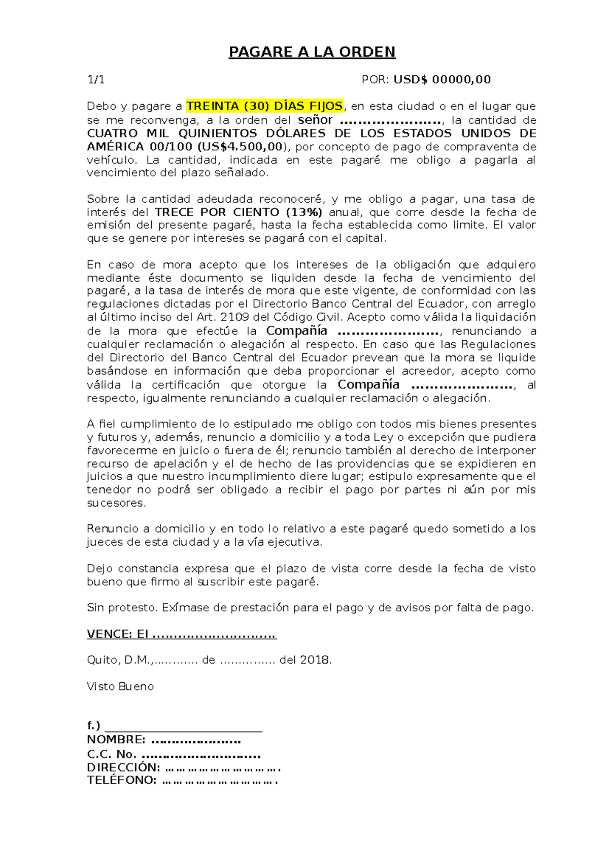 Modelo de Pagaré a la Orden - Documento Legal en Ecuador - Studocu