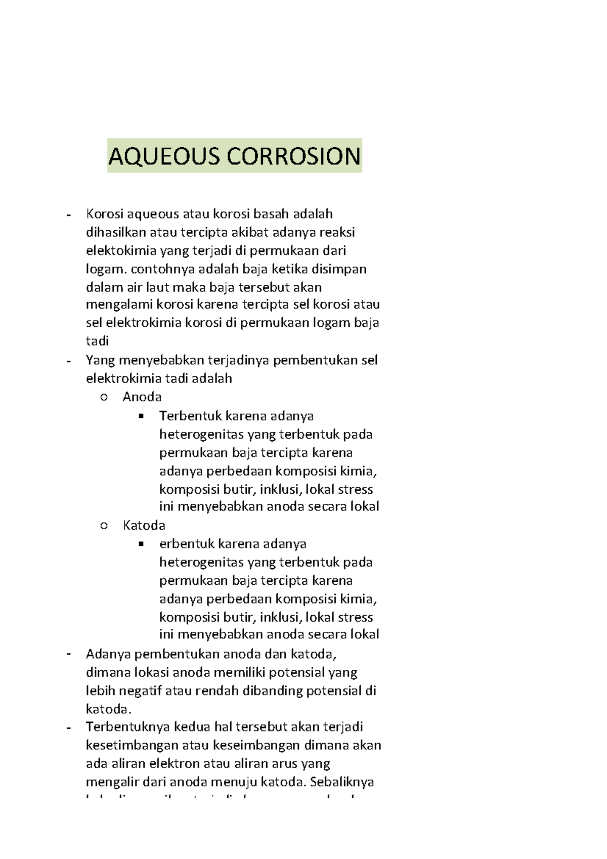 Korosi Aqueous: Proses Elektrokimia dan Mekanisnya pada Baja - Studocu