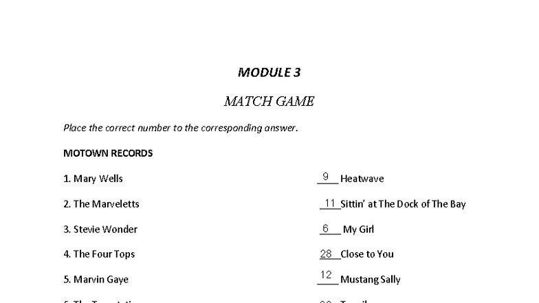 MODULE 3 MATCH GAME: Motown & Stax Records Quiz - Studocu