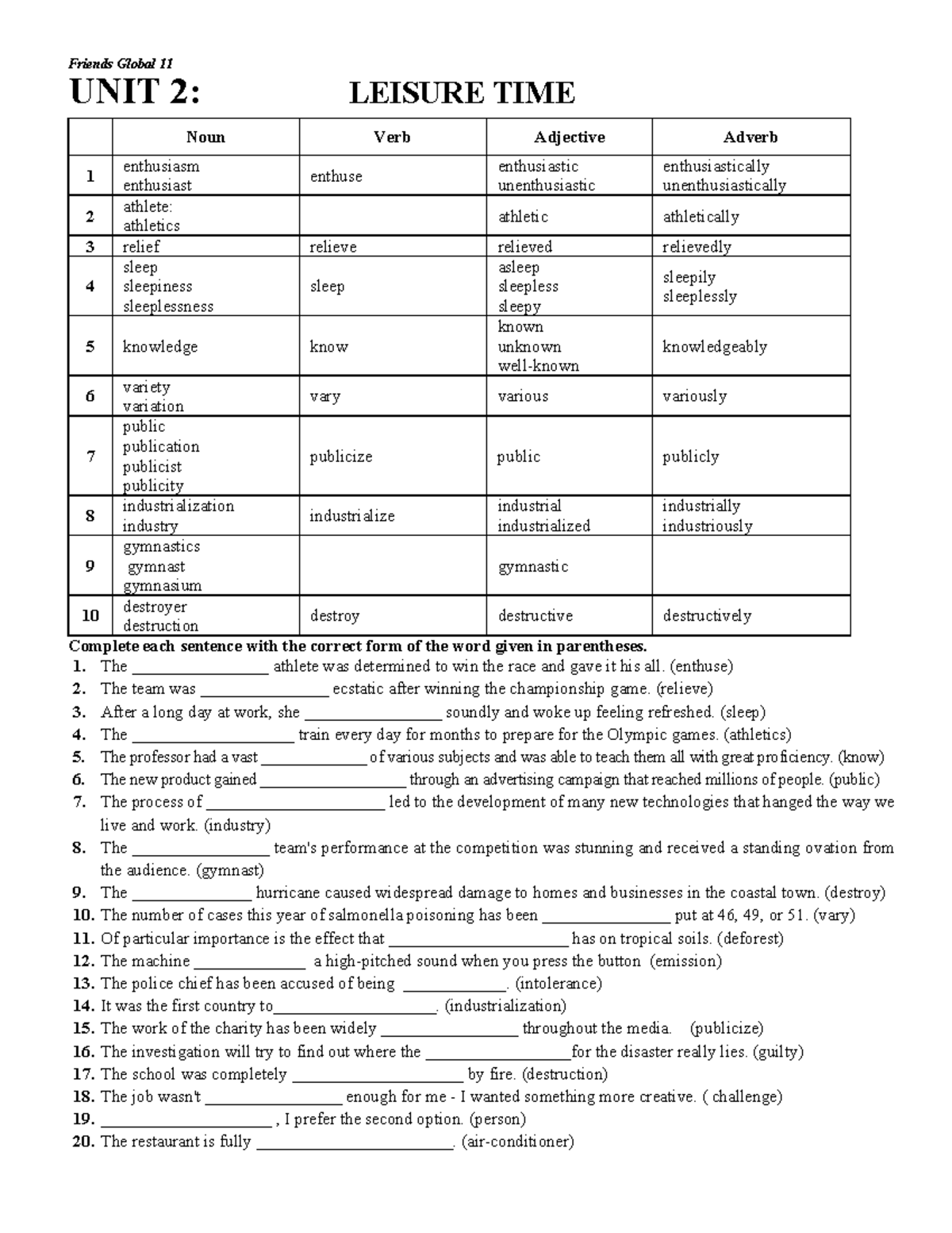 FG11 WORD Forms: Unit 2 - Leisure Time Noun & Verb Exercises - Studocu