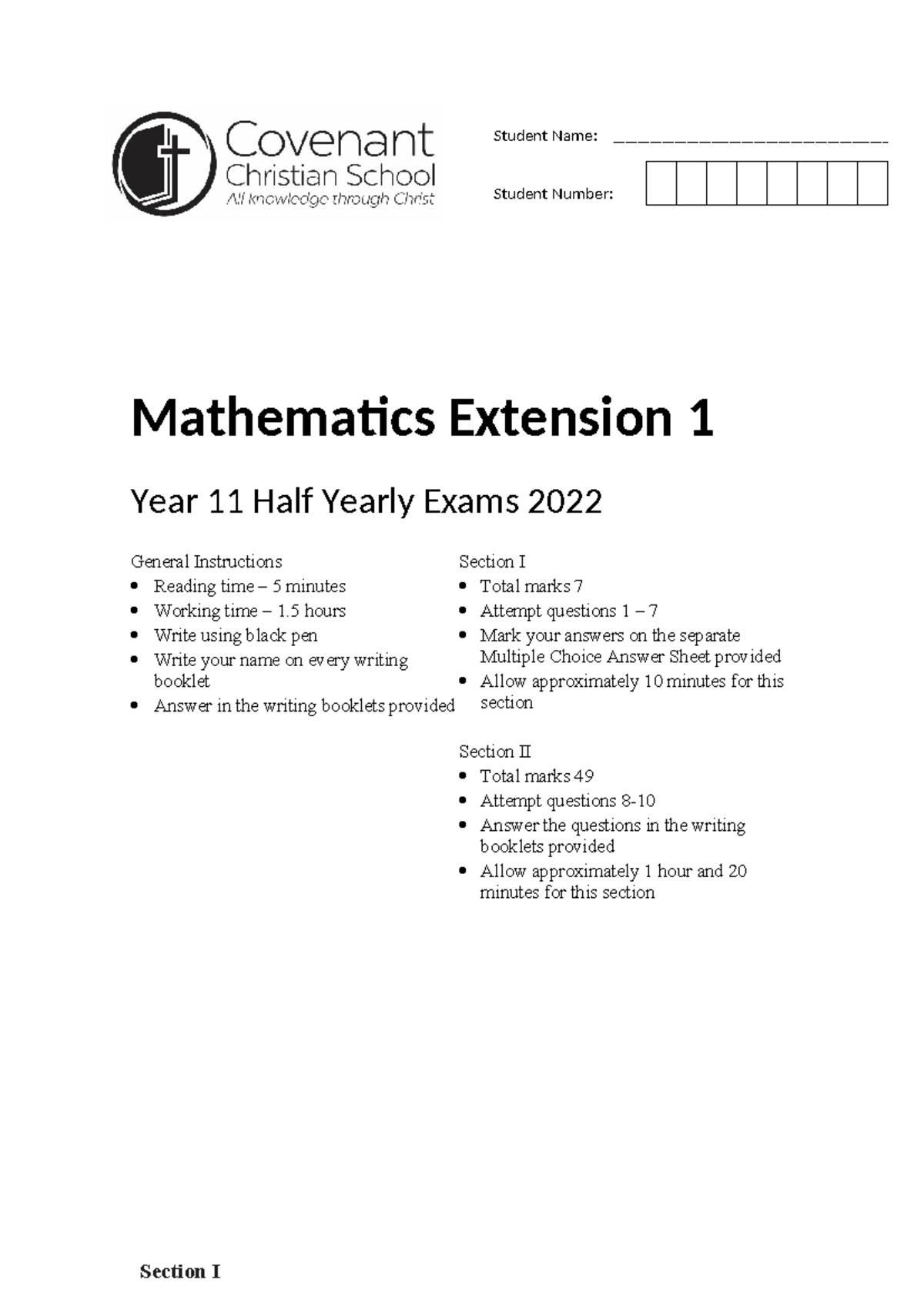 2022 Year 11 Maths Ext 1 Half Yearly Exam Task - Studocu