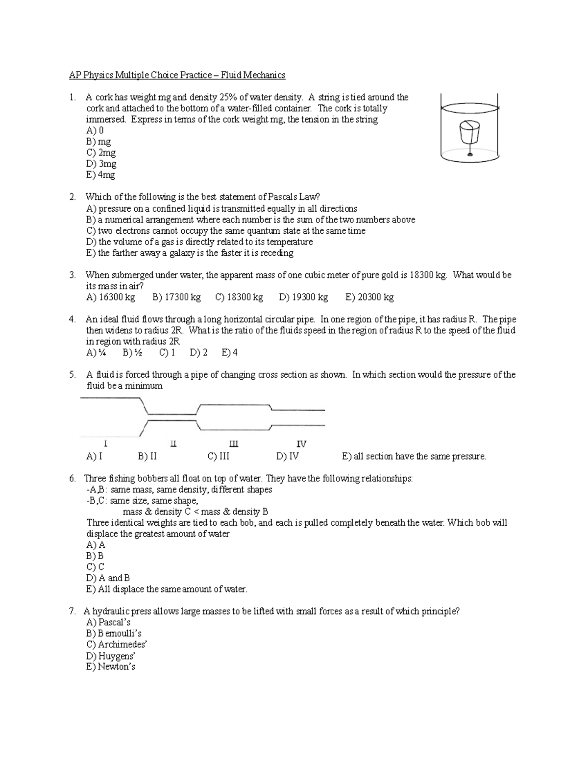 AP Physics MC Practice Problems on Fluid Mechanics - Studocu