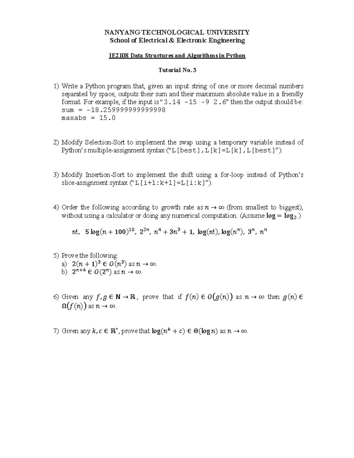 IE2108 Data Structures & Algorithms Tutorial 3 - Python Exercises - Studocu