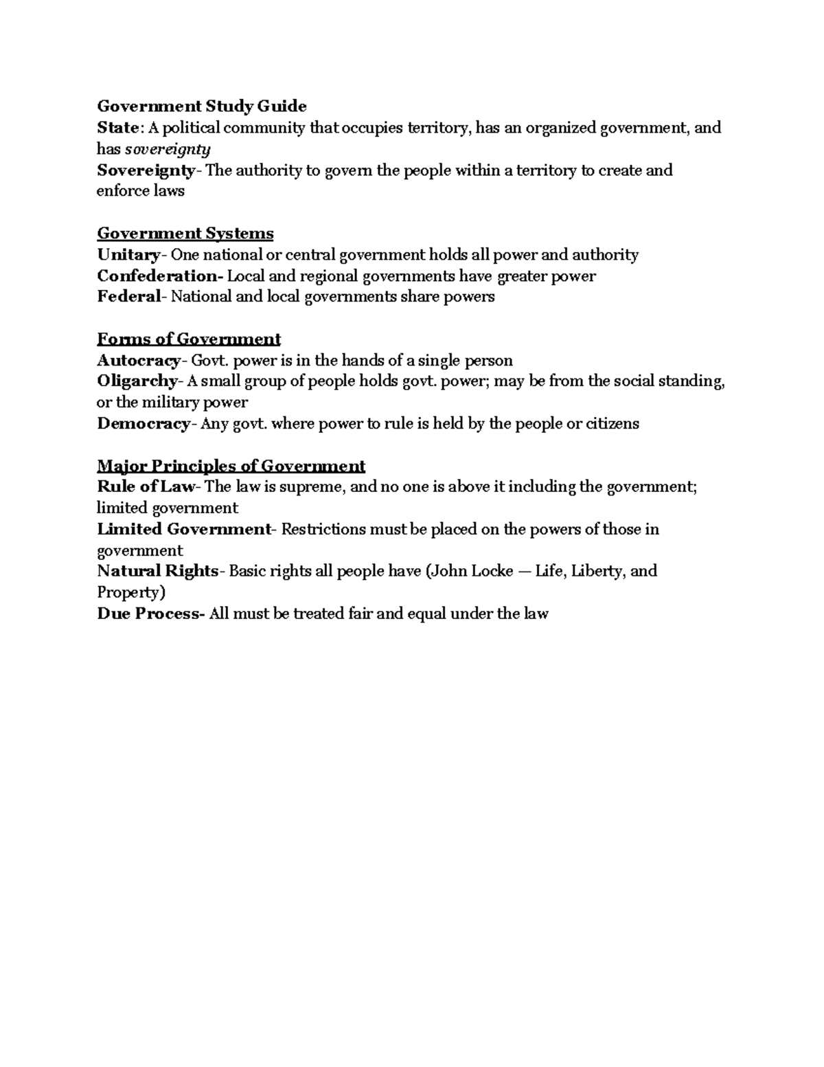Government Study Guide: Key Concepts & Principles of Governance - Studocu