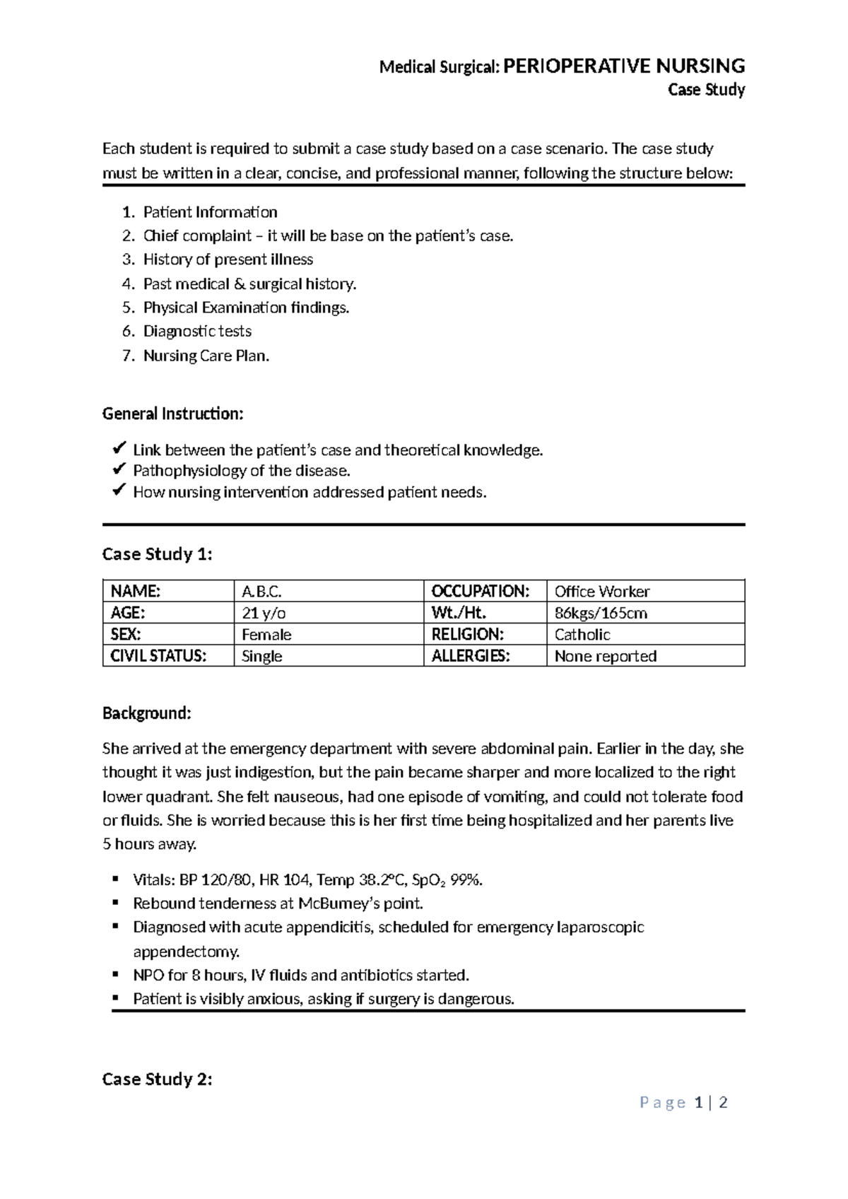 Medical Surgical: PERIOPERATIVE NURSING Case Study Analysis - Studocu