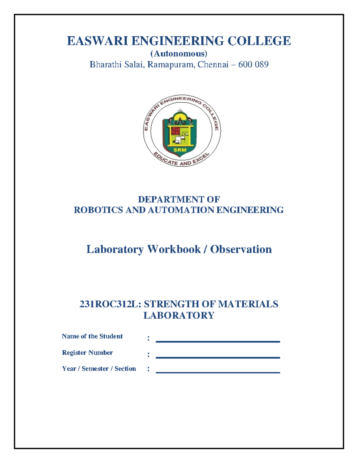 Som lab manual - EASWARI ENGINEERING COLLEGE (Autonomous) Bharathi Salai, Ramapuram, Chennai ...