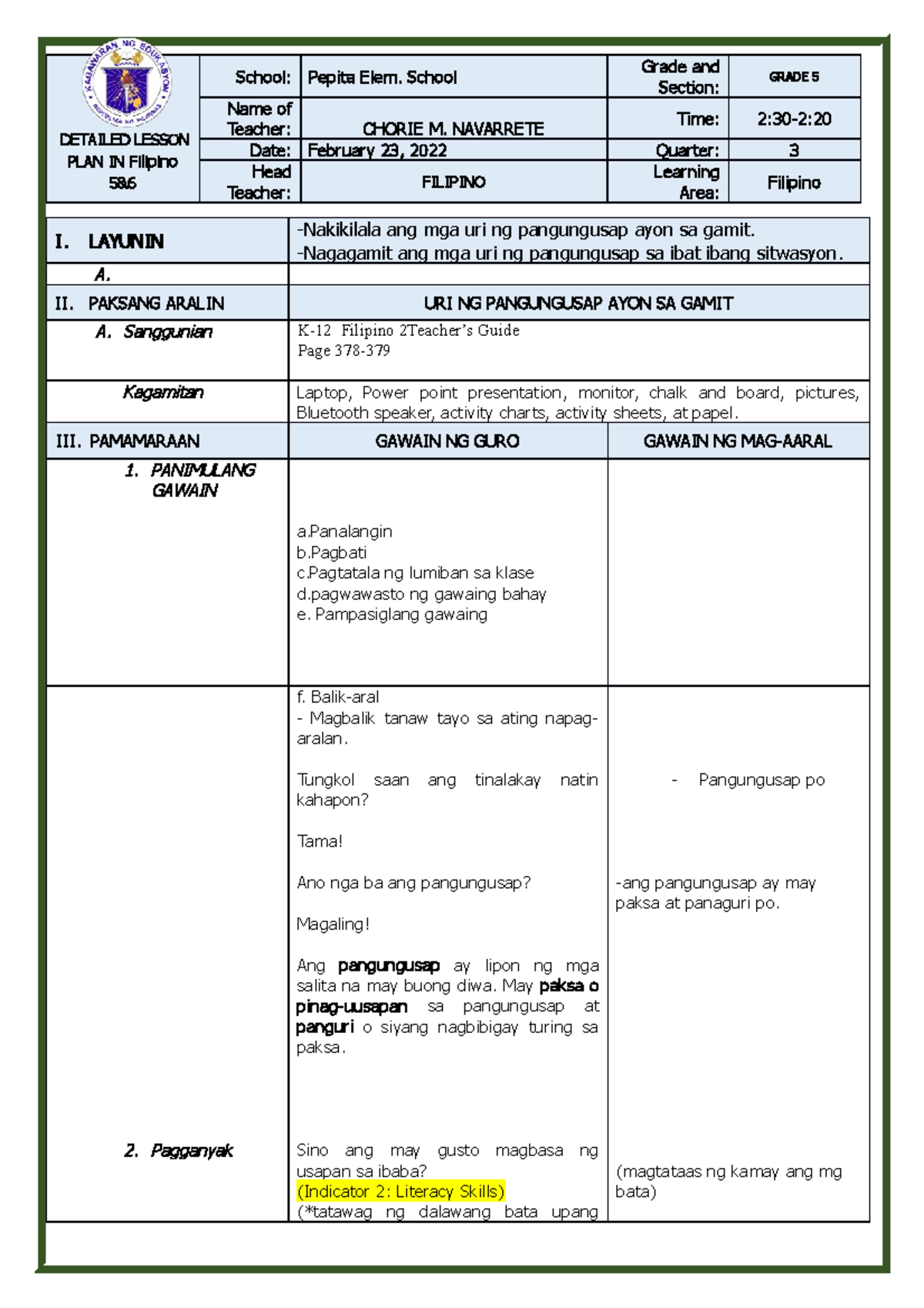 CO LP Filipino 5&6 Q3 - Detailed Lesson Plan on Sentence Types - Studocu