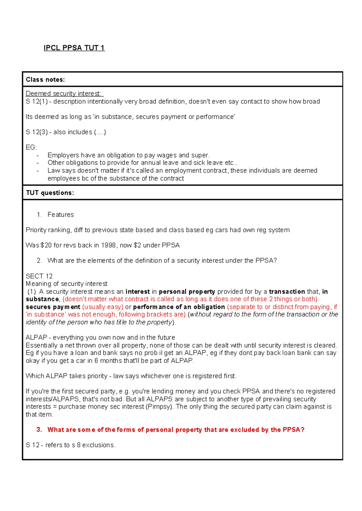 IPCL PPSA TUT 1 - Comprehensive Class Notes on Security Interests - Studocu